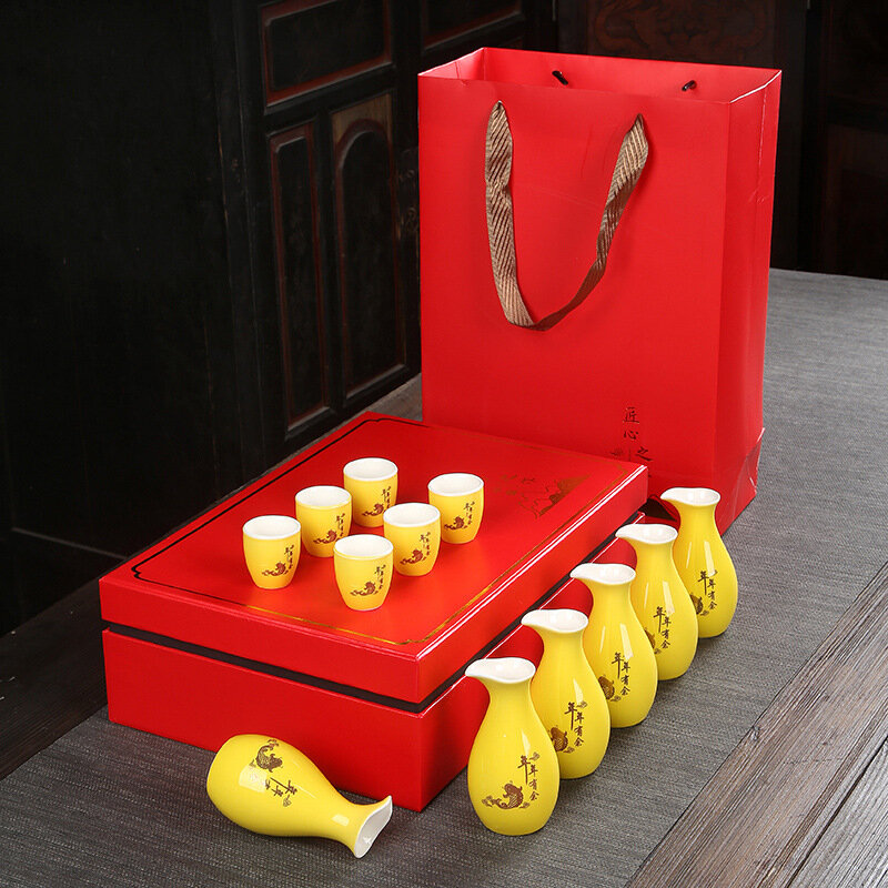 Керамический набор для вина для дистрибьюторов, 6 декантеров и 6 чашек в подарочной коробке, портативный диспенсер для вина, небольшая фляга для вина с функцией подогрева.