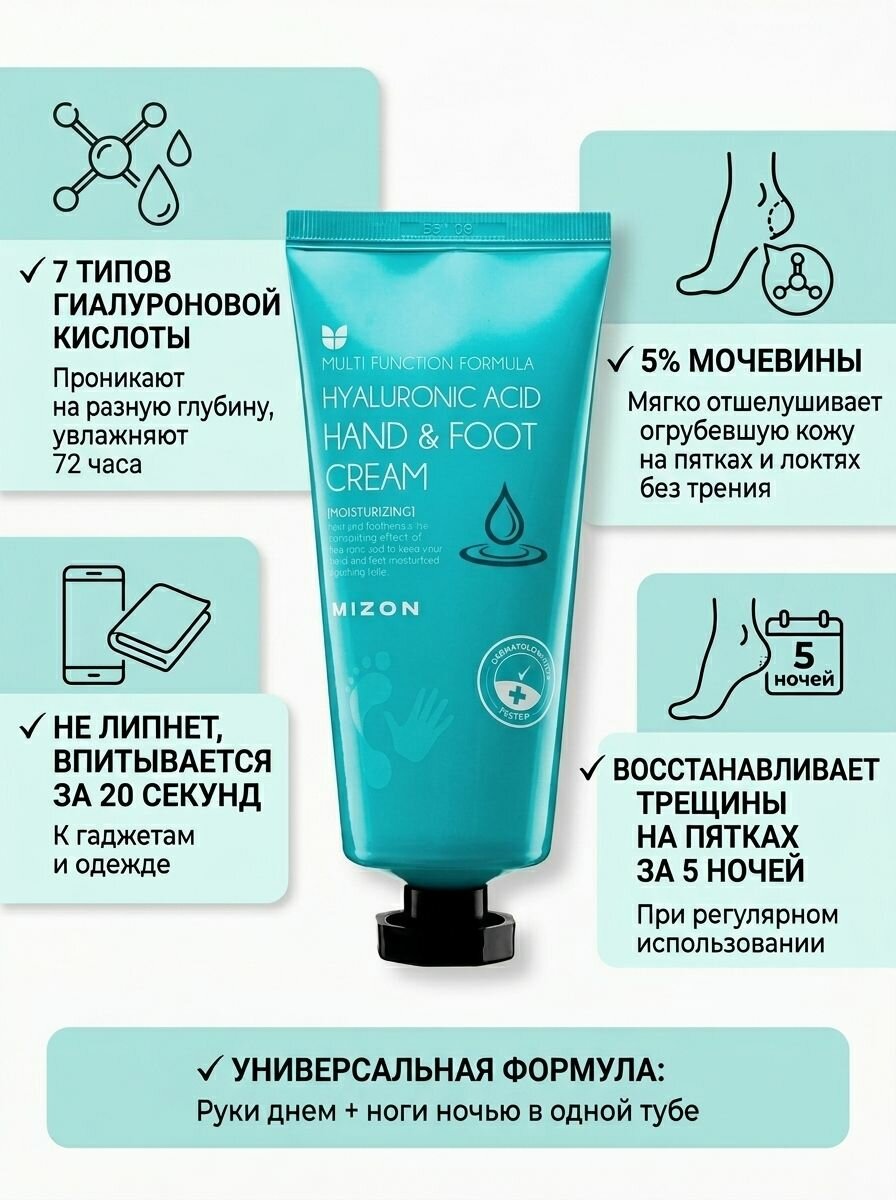 MIZON HYALURONIC ACID HAND & FOOT CREAM Крем для рук и ног с гиалуроновой кислотой 100мл