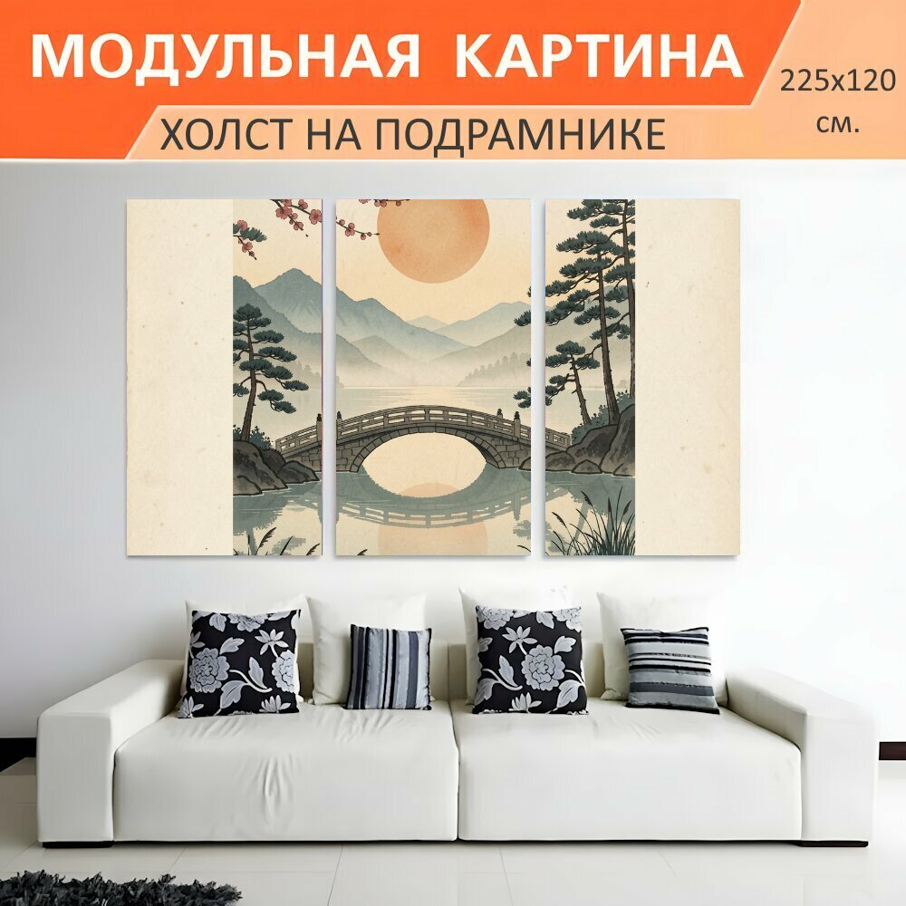Модульная картина на холсте "Японский пейзаж с мостом. Умиротворённая восточная композиция в стиле японской гравюры: арочный мост над." триптих на подрамнике 225х120 см. для интерьера