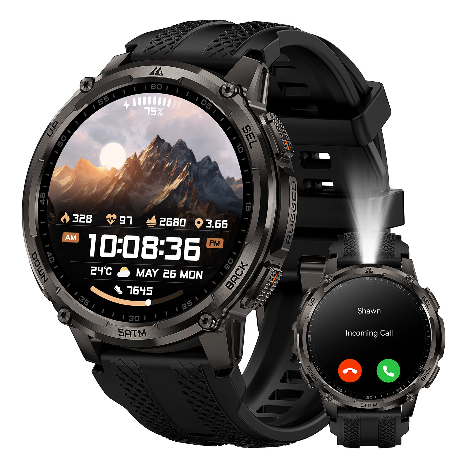 KOSPET TANK T4C Умные спортивные часы для активного отдыха + Фонарик + Рация без сети 1.5-дюймовый экран IP69K Водонепроницаемость Компас Альтиметр Барометр Запись GPS-треков Bluetooth-звонки Голосовой помощник