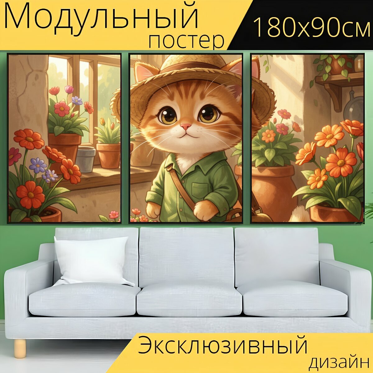 Модульный постер "Кот в шляпе среди цветов. Милый рыжий котёнок в соломенной шляпе и зелёной рубашке стоит у солнечного окна, вокруг." 180 x 90 см. для интерьера на стену в тубусе