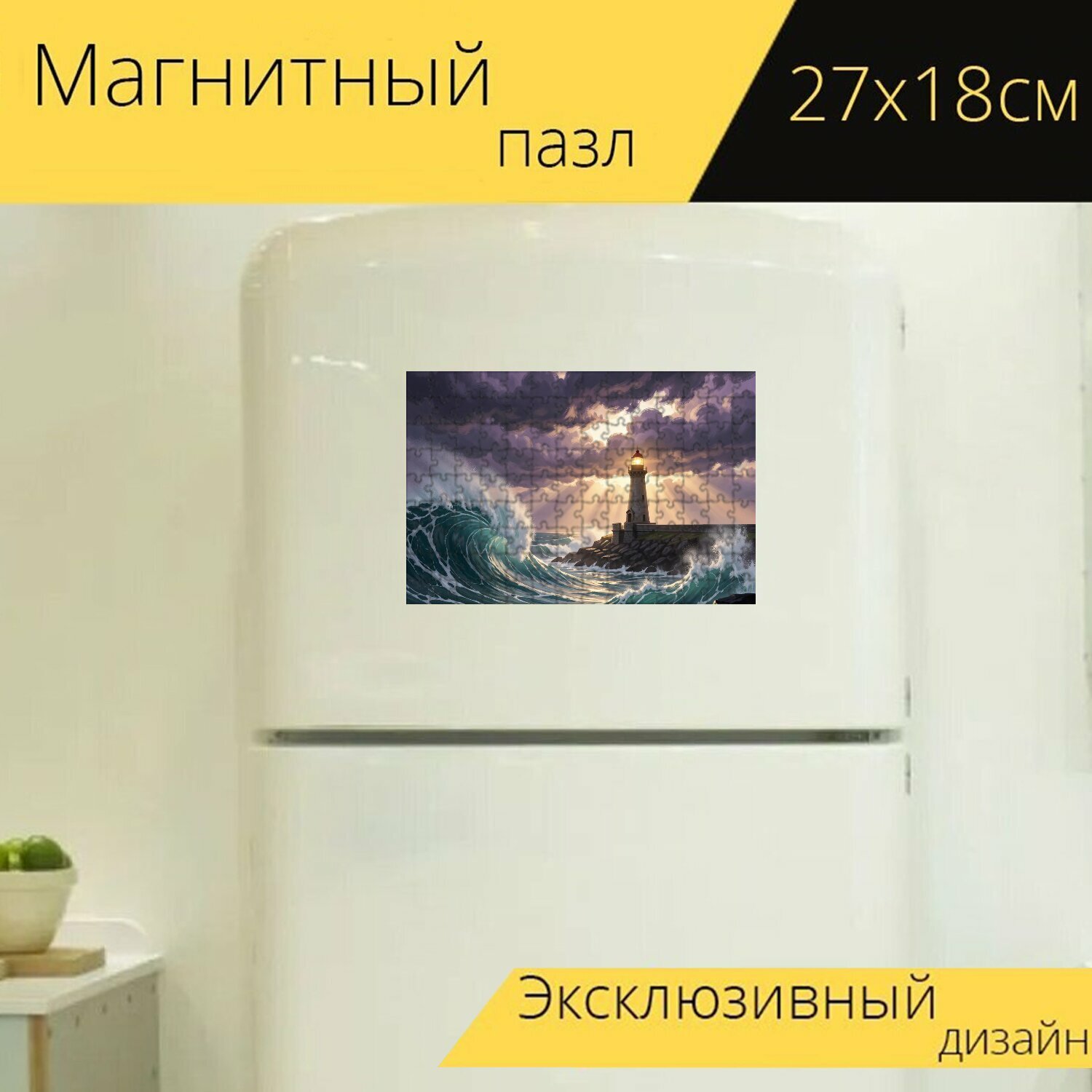 Магнитный пазл "Маяк среди бурного океана. Драматический морской пейзаж с одиноким маяком на скалистом берегу, огромными волнами и лучами света сквозь." на холодильник 27 x 18 см.
