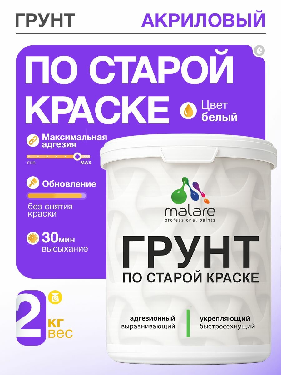 Грунт по старой краске Malare акриловый адгезионный универсальный, без запаха быстросохнущий, белый, 2 кг.