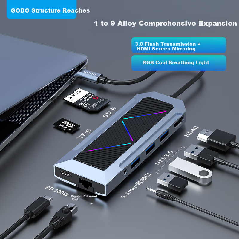 GODO Type-C к HDMI Док-станция 4K 60Гц RGB-экран 100Вт PD-зарядка 9-портовый портативный конвертер Цвет：9-дюймовая