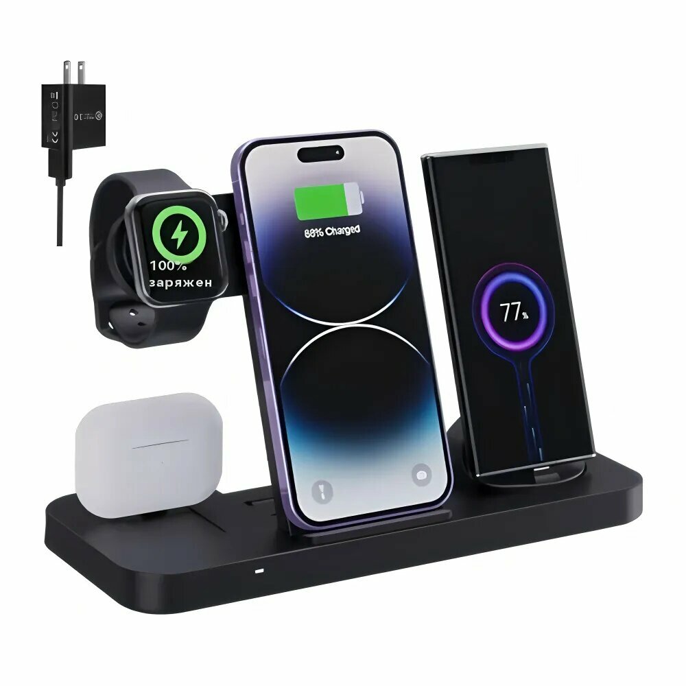 Беспроводное зарядное устройство / Зapядка / Док станция 3в1 для iPhone / Быстрая зарядка
