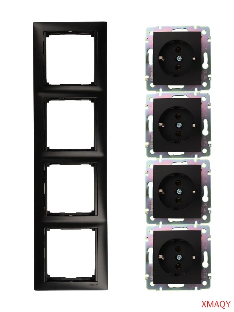 Розетки с заземлением 4 шт + рамка 4 поста Legrand valena 220В, 16А, черный