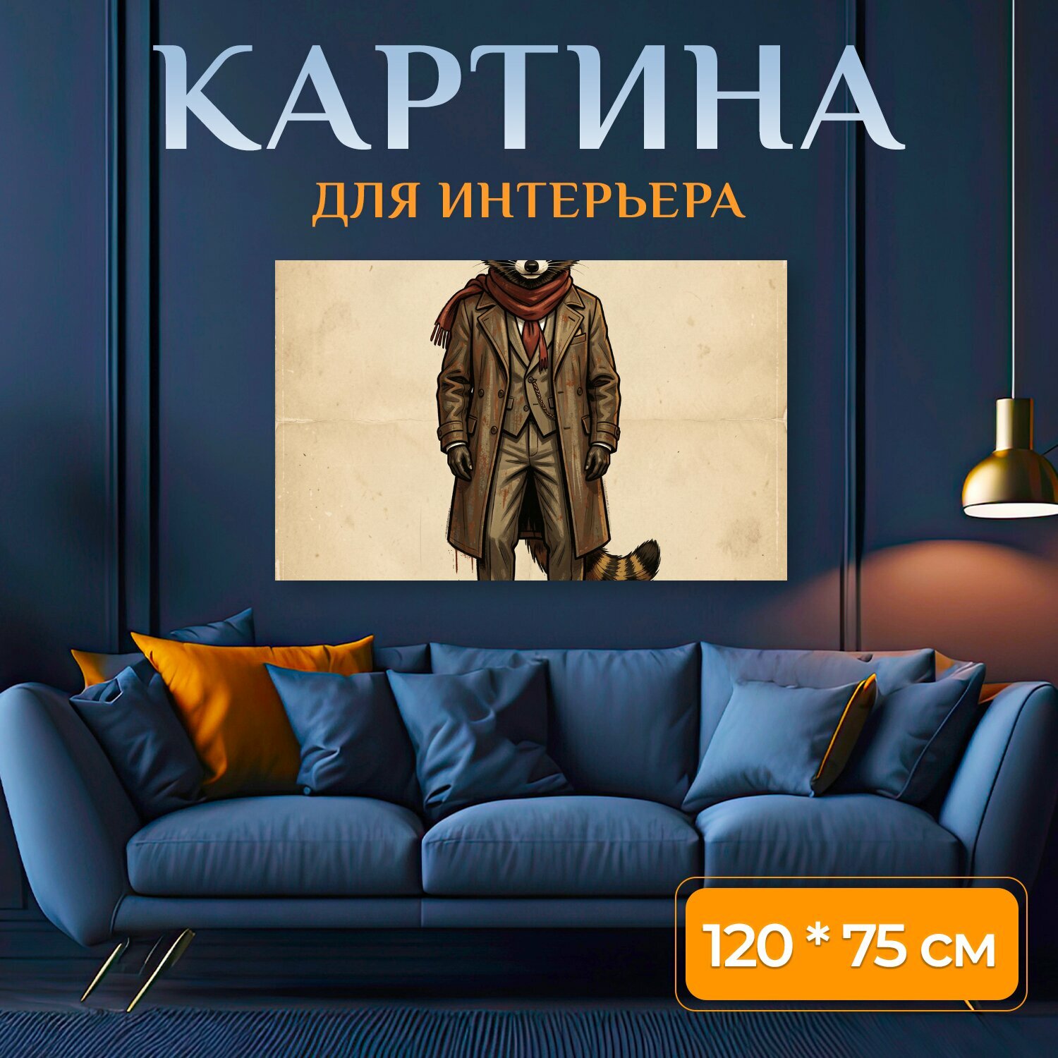 Картина на холсте "Енот в пальто и шарфе. Антропоморфный зверёк в винтажном образе: длинный тренч, костюм и бордовый шарф. Сепия, старинная." на подрамнике 120х75 см. для интерьера