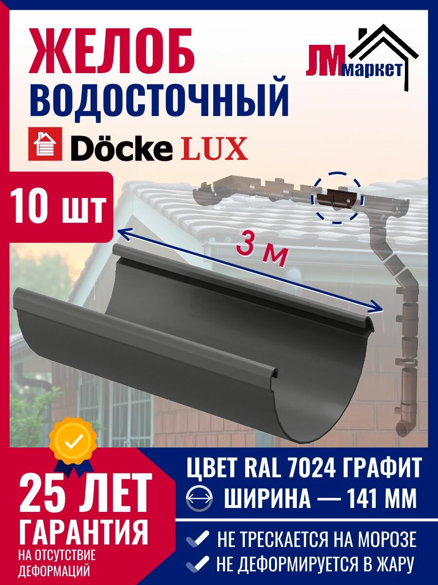 Водосточный желоб Docke, 3 м х 10 шт, серия Lux цвет графит, сток воды с крыши, элемент водосточной системы деке Премиум, серый