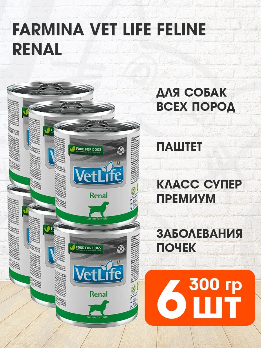 Корм влажный Farmina Vet Life Canin Renal для взрослых собак при заболеваниях почек, 300 г 6 шт
