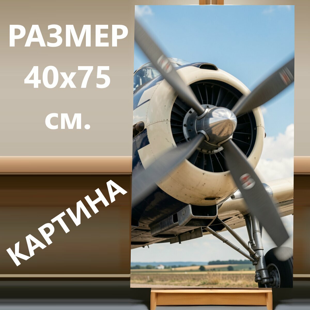 Картина на холсте "Ретро самолет на взлете. Винтажный воздушный борт с вращающимся винтом, крупный план носовой части, небо с облаками и поле." на подрамнике 75х40 см. для интерьера
