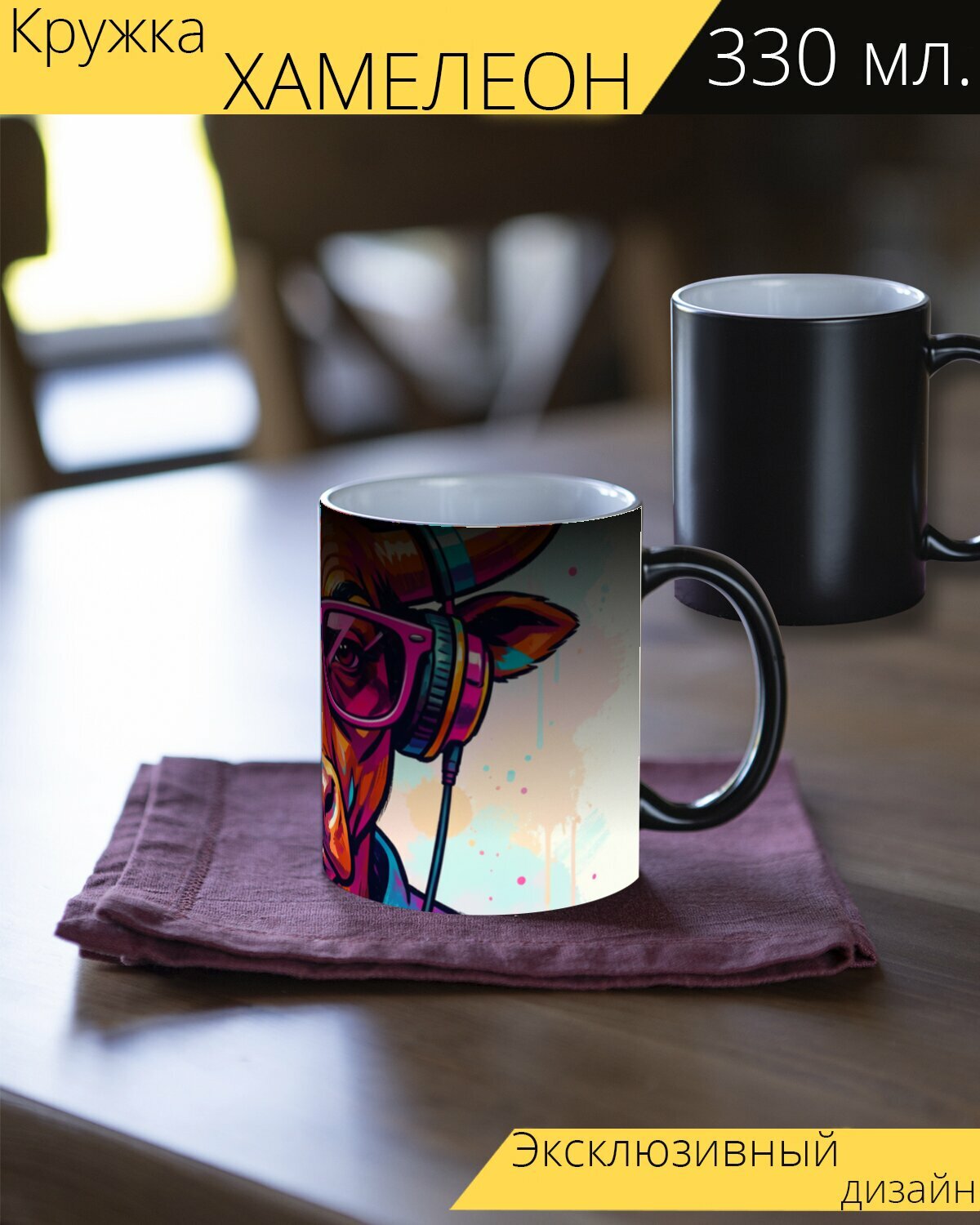 Кружка хамелеон с принтом "Бык в наушниках и очках. Яркая неоновая иллюстрация с антропоморфным животным, стиль поп-арт и граффити. Сочные бирюзовые, розовые и оранжевые." 330 мл.