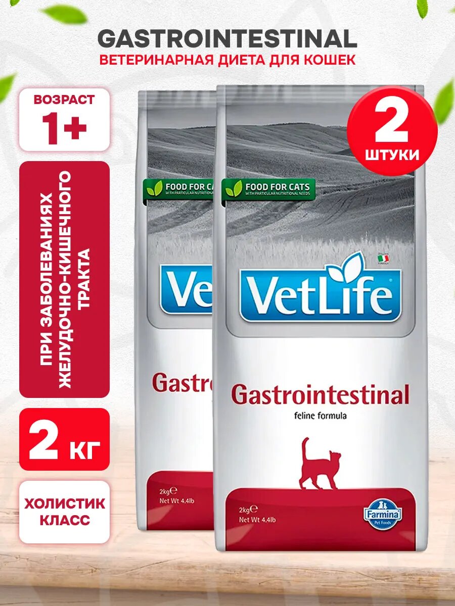 Корм сухой Farmina Vet Life Feline Gastrointestinal для взрослых кошек при заболеваниях желудочно-кишечного тракта, 2 кг 2 шт