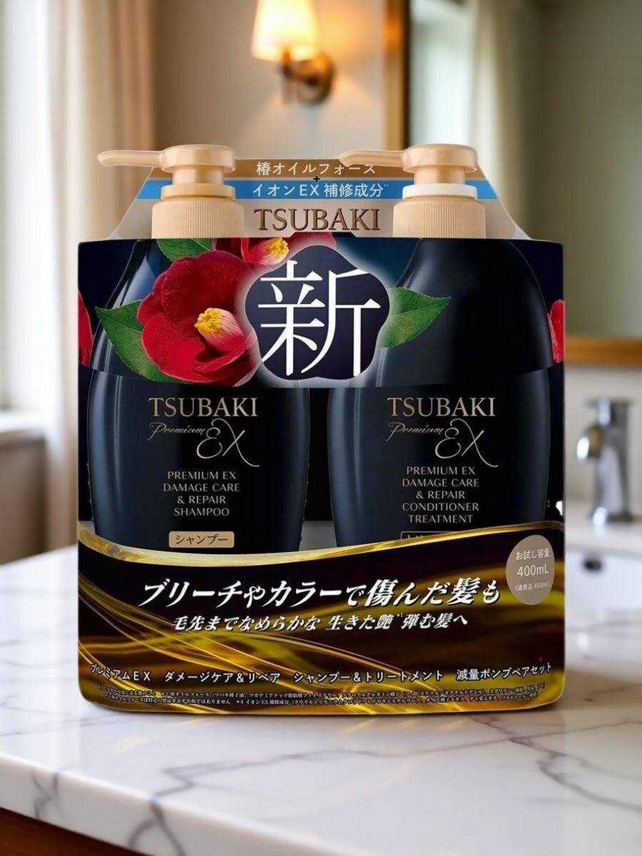 Набор для восстановления и предотвращения повреждений волос Tsubaki Care & Repair: шампунь 450мл.+кондиционер 450мл.
