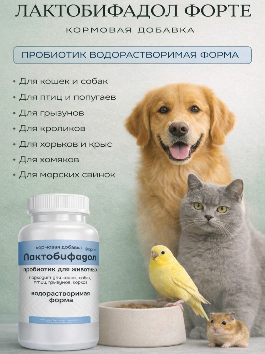 Лактобифадол Форте водорастворимая форма Пробиотик для птиц, Кормовая добавка для кошек и собак