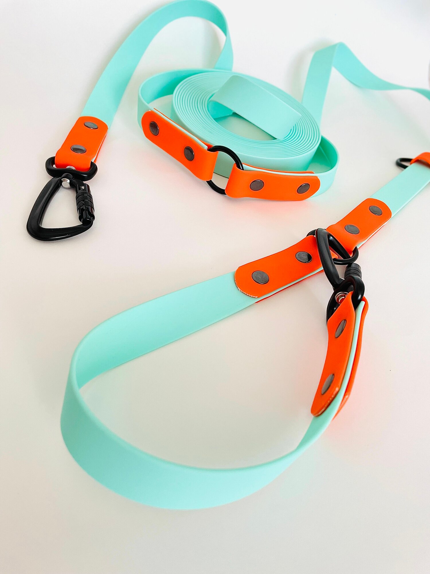 Перестежка биотановая для собак крупных пород, 25 мм, 3 м , авиационный карабин, черная фургитура, мята и оранжевый