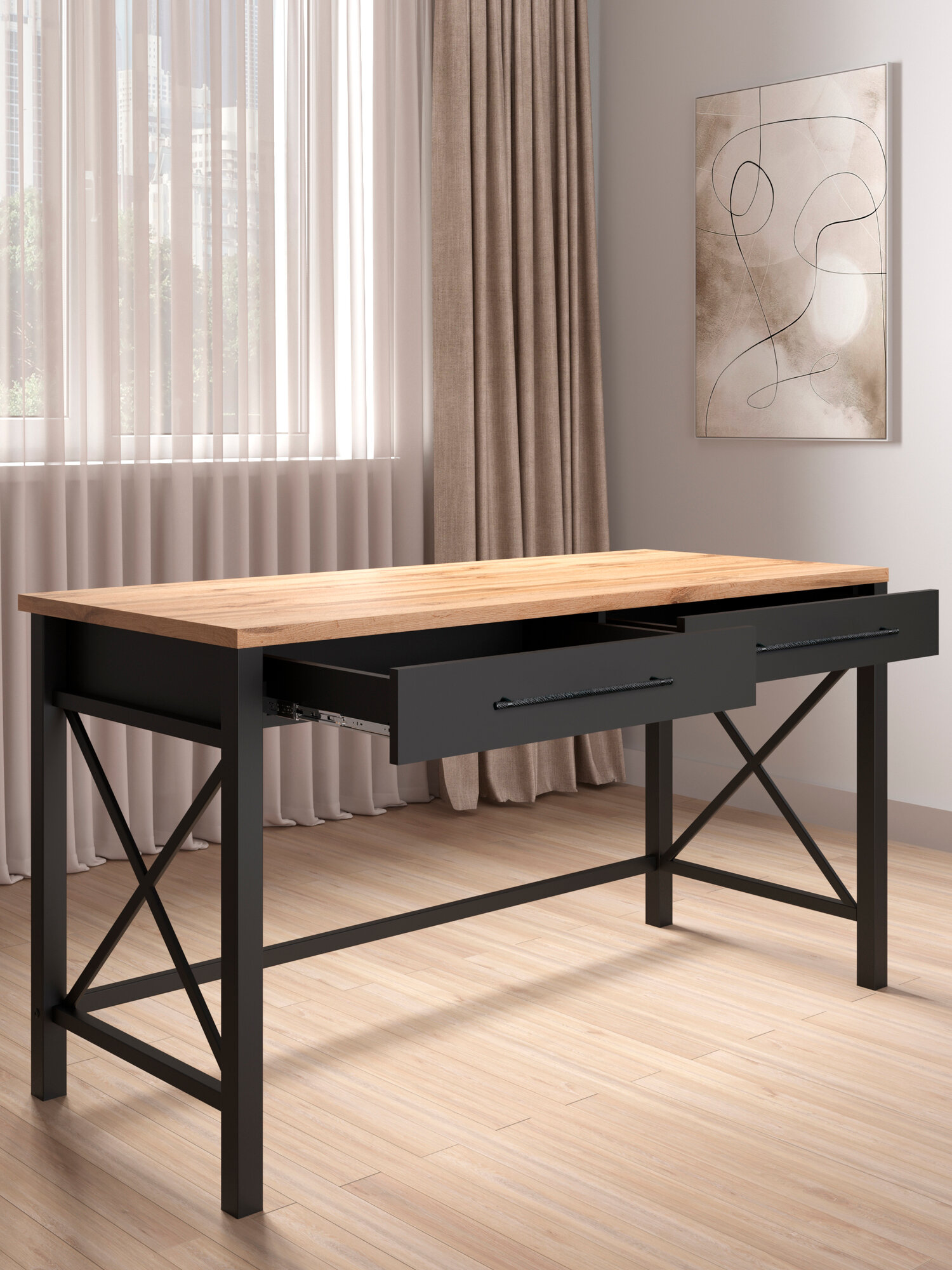 Стол компьютерный, письменный с ящиками Айленд 140х60 см, Дуб Вотан+Черный