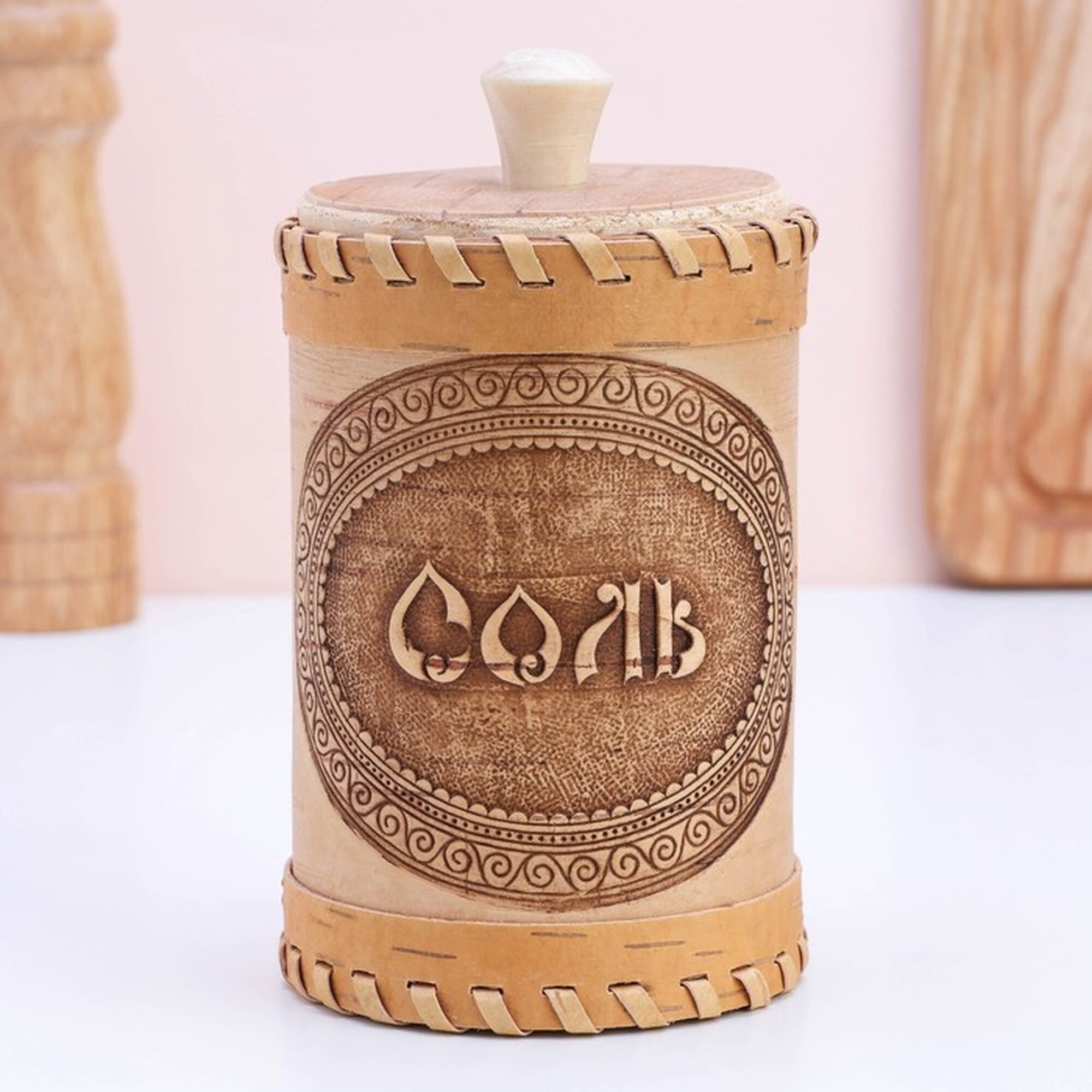 Туес для специй «Соль», береста, 8,5 см x 8,5 см x 12 см, микс