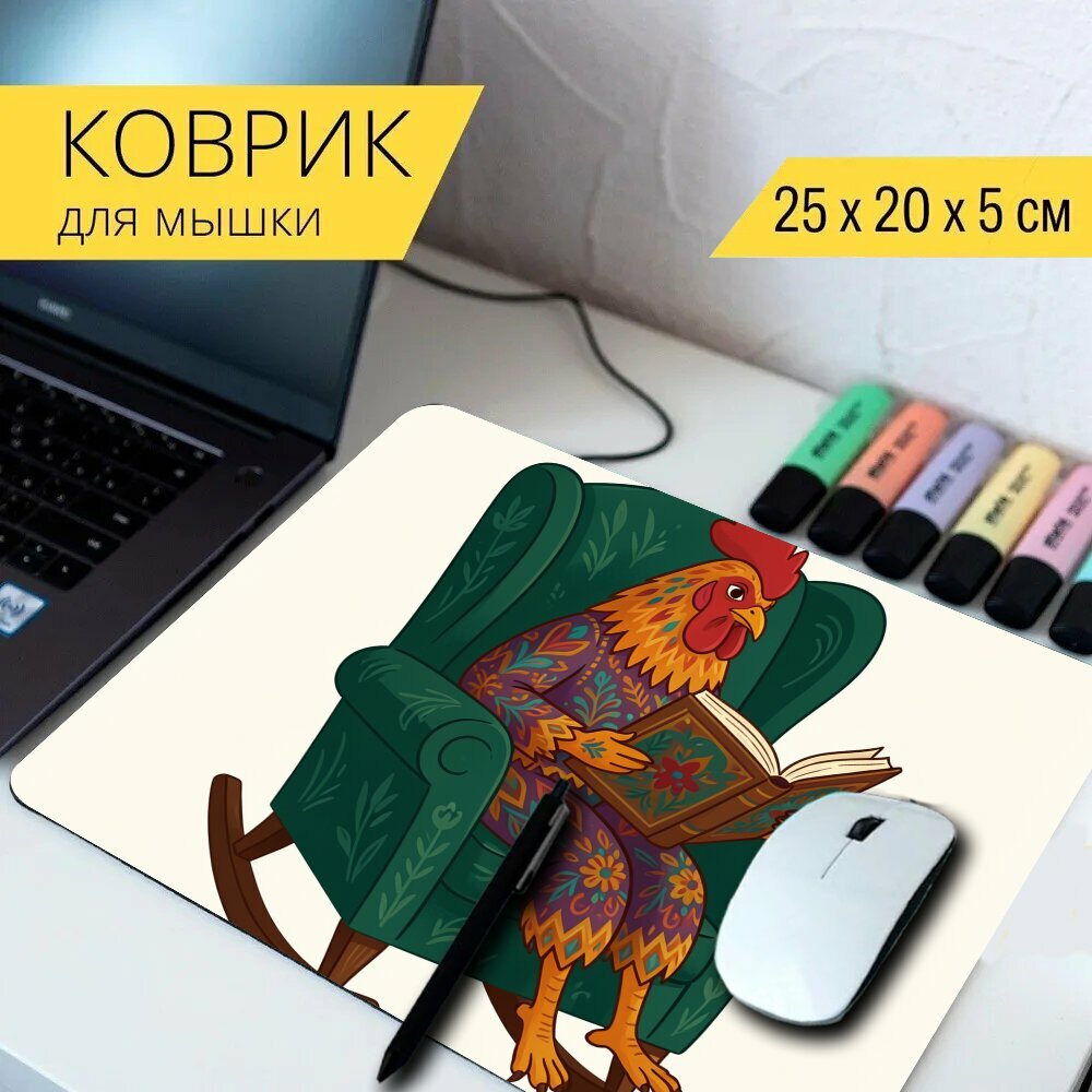 Коврик для мыши с принтом "Петух с книгой в кресле-качалке. Яркий мультяшный петух в узорной одежде сидит в зелёном кресле-качалке и читает раскрытую книгу. Тёплые." 25x20см.