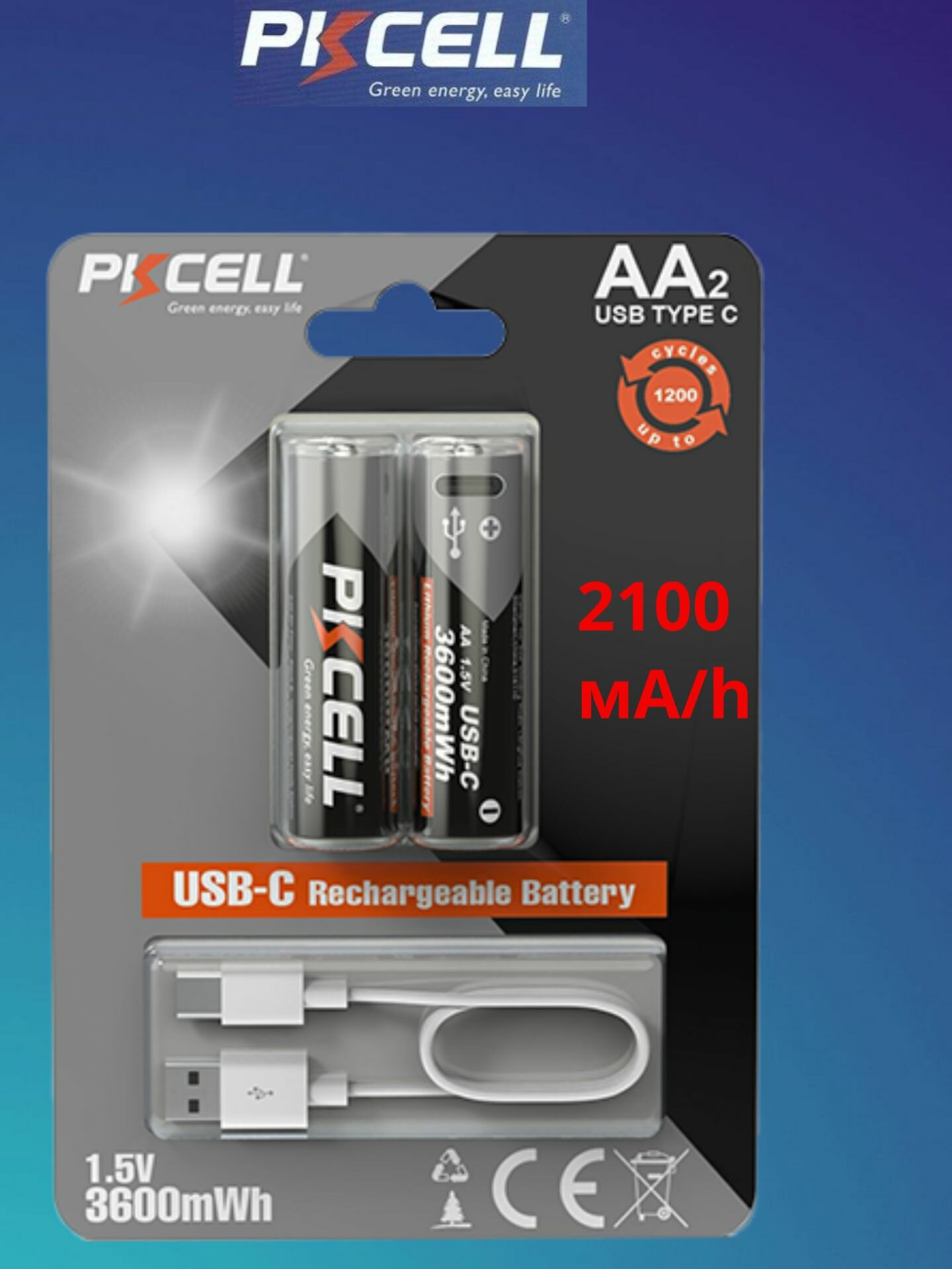 Литиевая аккумуляторная батарея USB-C 1,5 В AA 3600 мВт-ч 2 шт. блистер