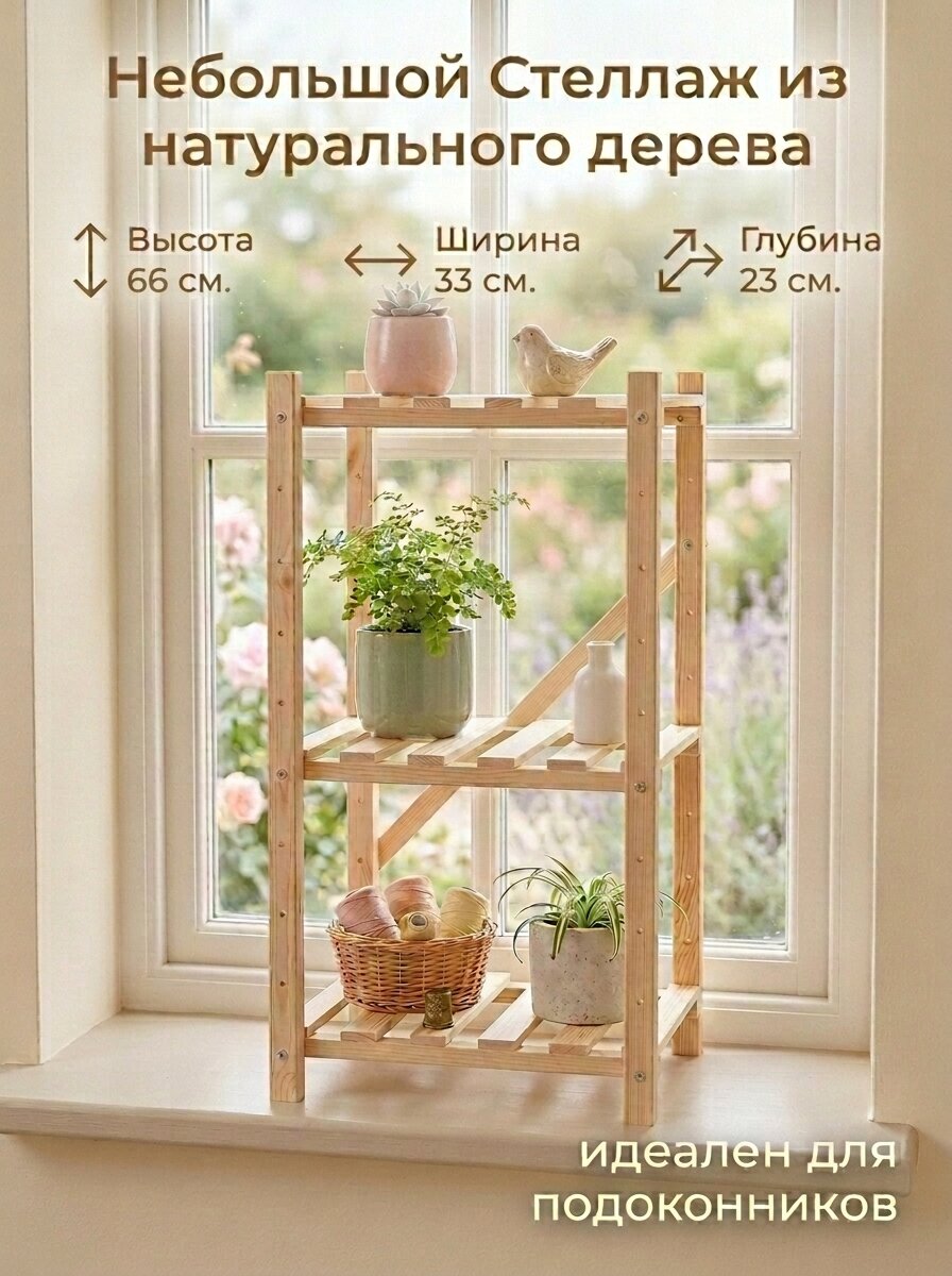 Стеллаж деревянный для дома 66х33х23см / Этажерка деревянная на 3 полки