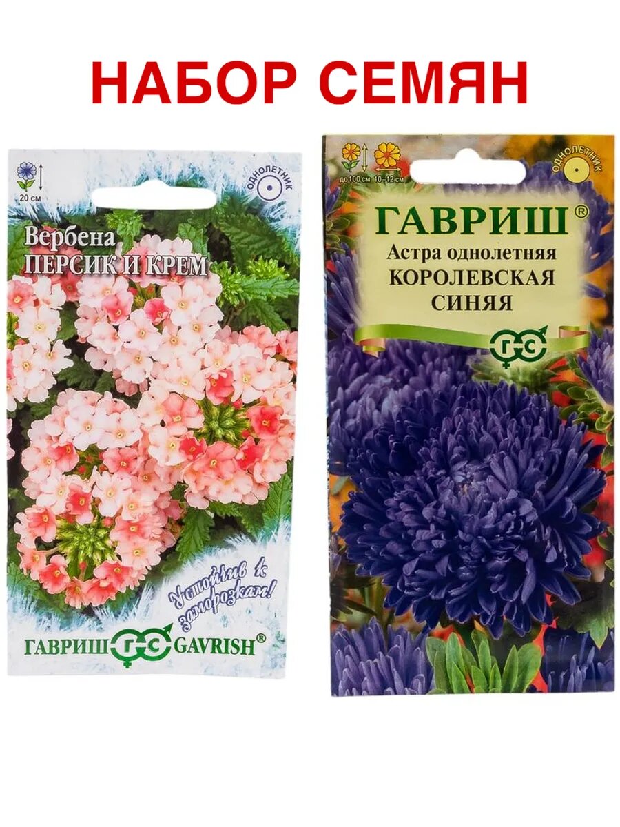 Набор семян Вербена Персик и крем 0.05г и астра Королевская синяя 0.3г