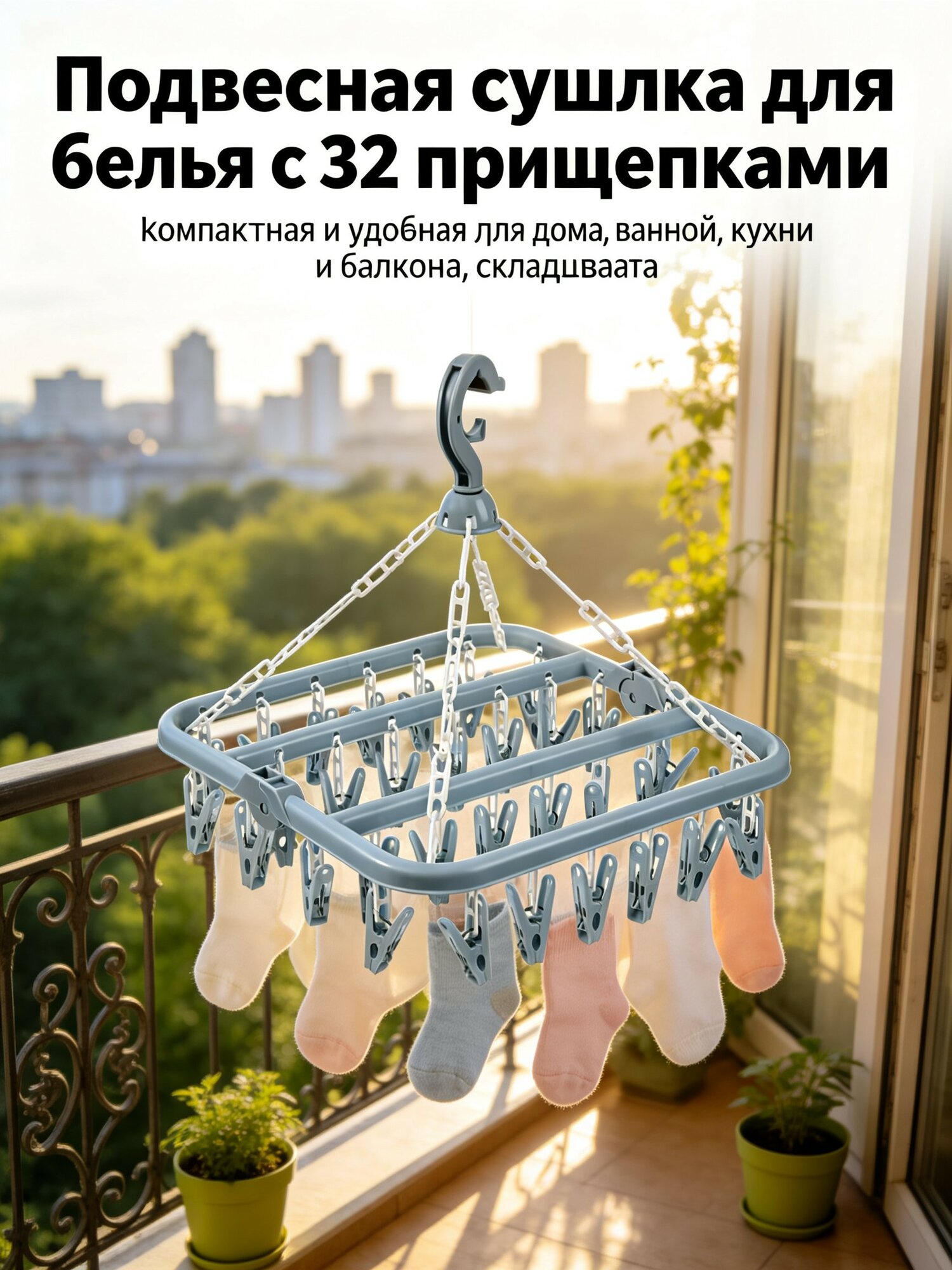 Подвесная сушилка для белья с 32 прищепками, компактная складная конструкция для ванной, кухни, балкона и шкафа удобна для хранения и поездок