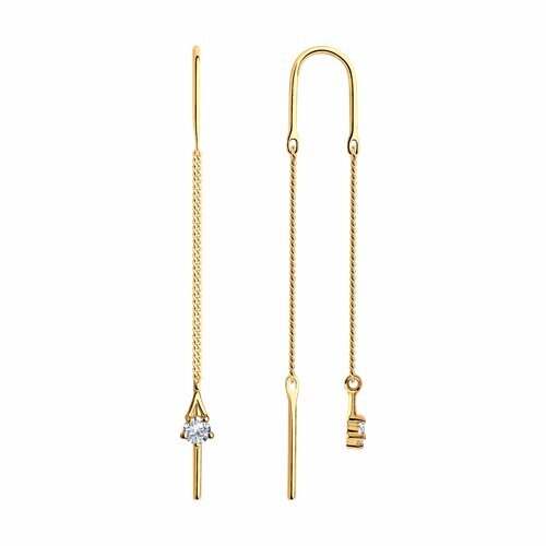 Серьги цепочки, серебро, 925 проба, золочение, фианит