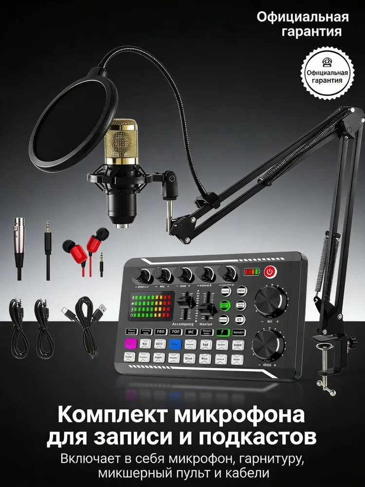 Конденсаторный микрофон BM-800 с комплектом живой звуковой карты F998 (золотой микрофон + регулируемый кронштейн)