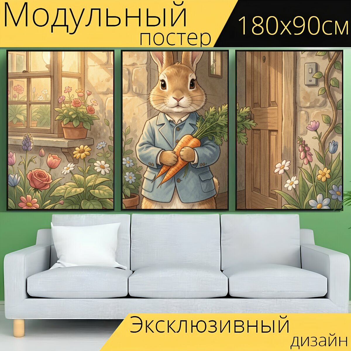 Модульный постер "Кролик с морковью у дома. Милый иллюстративный сюжет с зайцем в голубом пиджаке у каменного крыльца, среди цветущих." 180 x 90 см. для интерьера на стену в тубусе