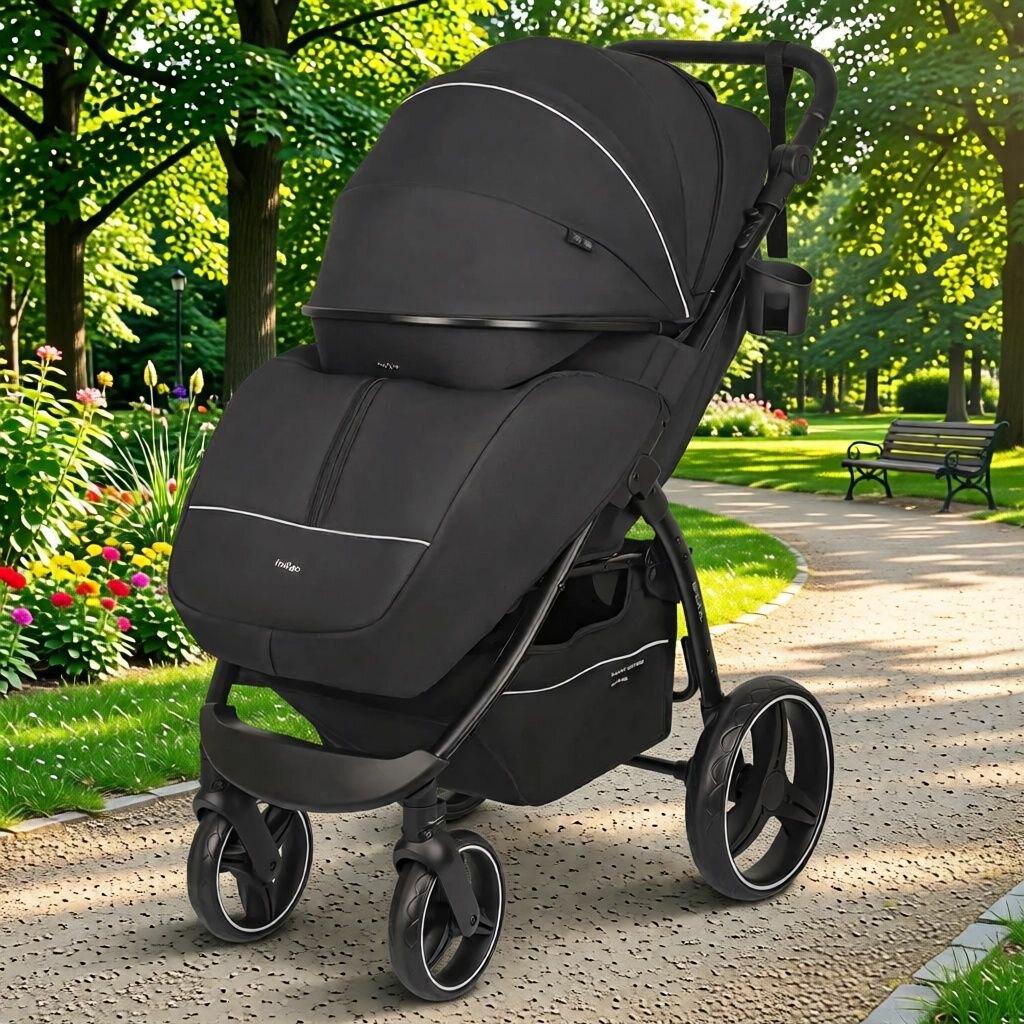 Коляска прогулочная Indigo EPICA XL NEW,2026 г, с большими колесами, с двойной тканью, утеплителем по всей коляске и регулируемой ручкой. Цвет: Черный