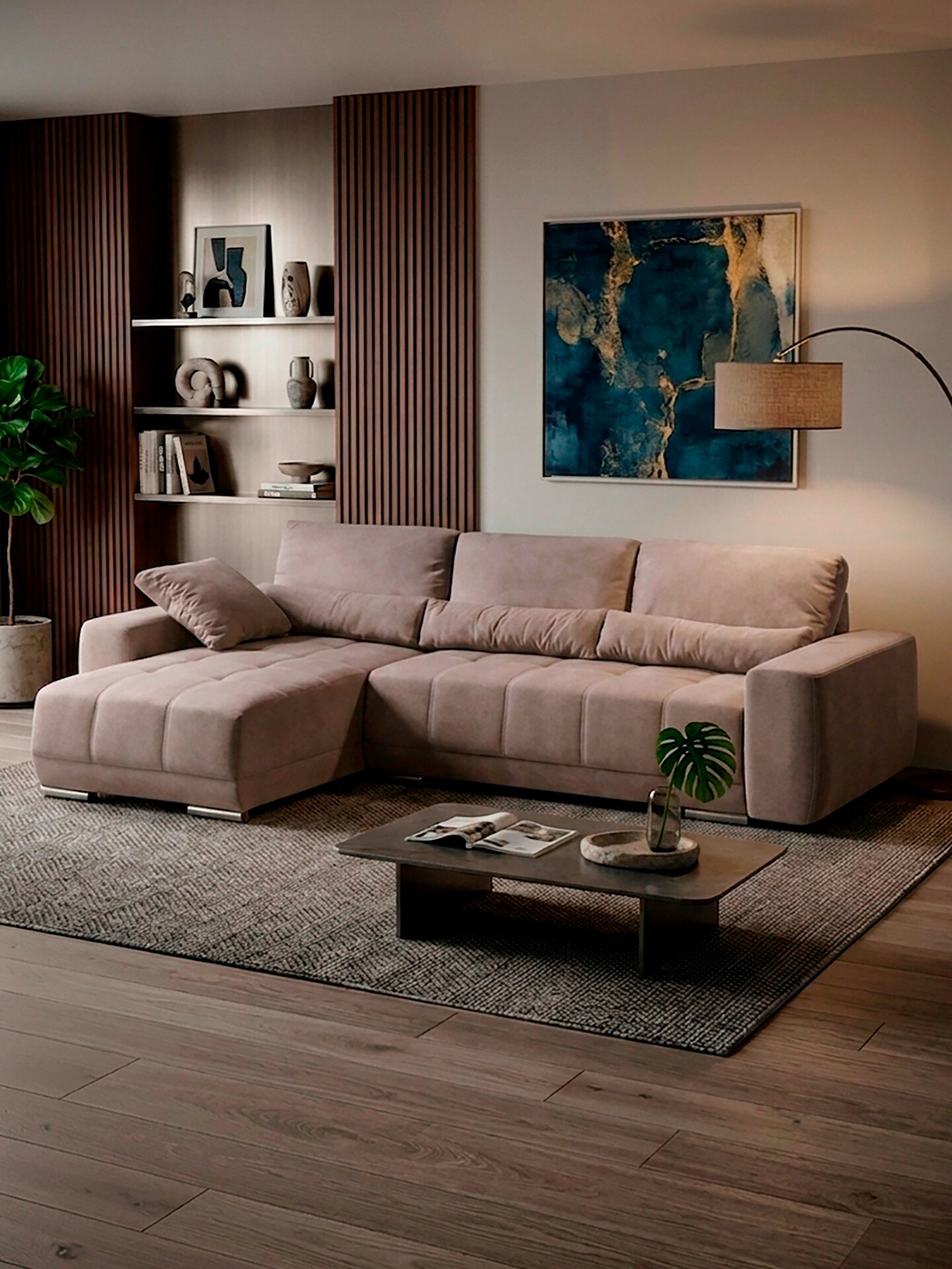Диван с оттоманкой Наби Лайт Velutto 37 NEW 251x155x90 см, бежевый Велютто, еврокнижка GOODFORM