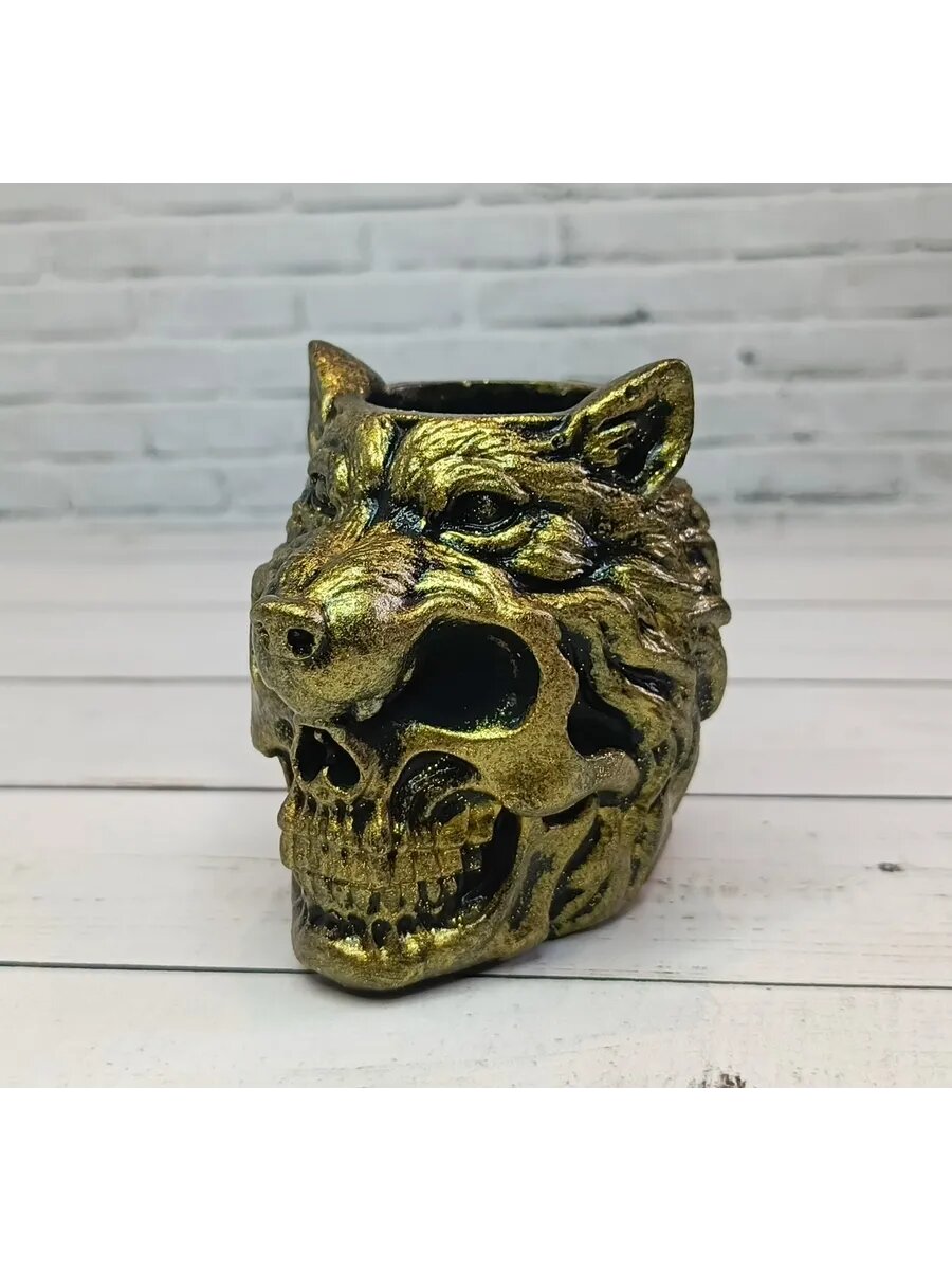 Подставка "Череп" для косметических кистей, карандашей, гипс, высота 8.5 см, ручная работа