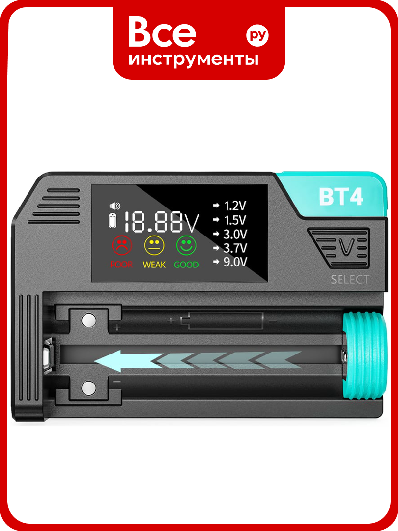 Тестер Robiton BT4 19739, проверки уровня заряда, с дисплеем, поддержка аккумуляторов Ni-Mh и Ni‑Cd, пластиковый корпус