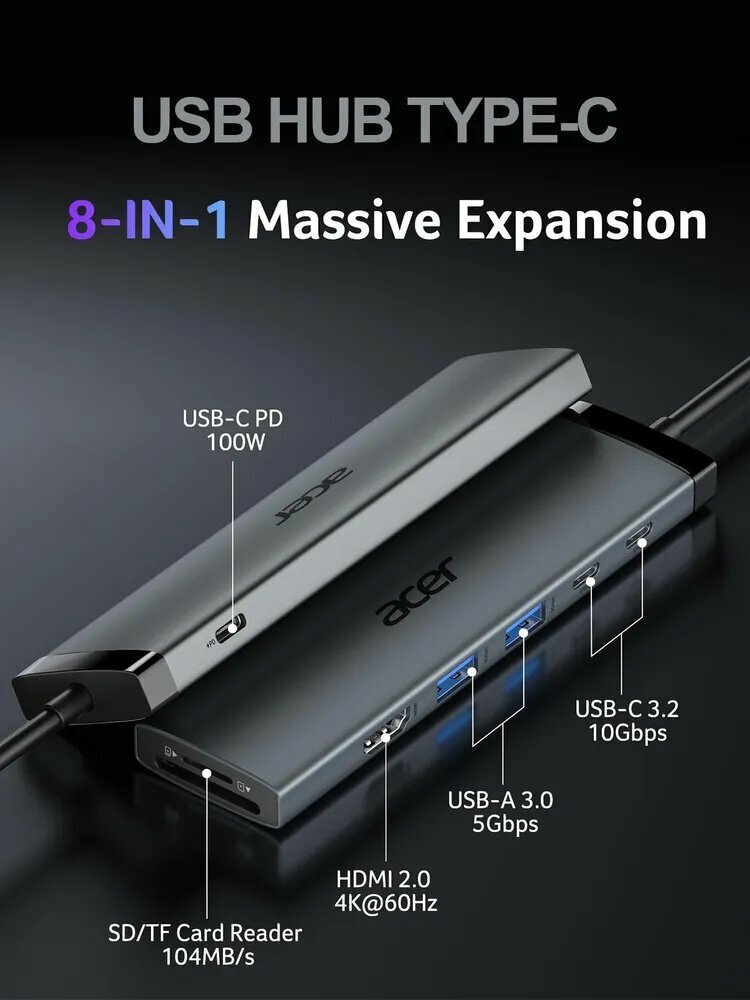 Acer Концентратор USB HUB C / USB разветвитель 3.0 / HDMI 2.0 4K 60Hz/ TF SD читатель карт / USB-C PD/ Type-C Type-A переходник