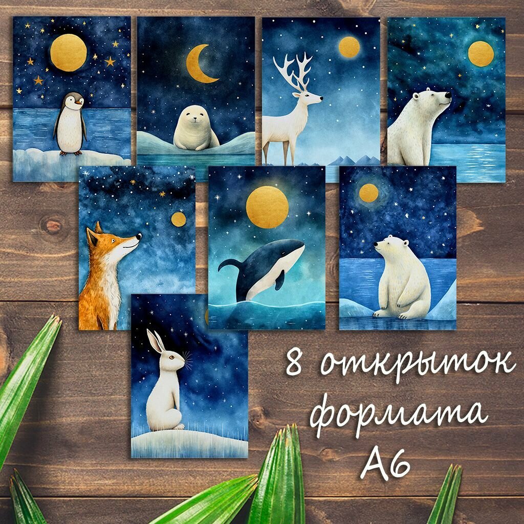 Большой набор открыток Зимние Животные, 8 штук