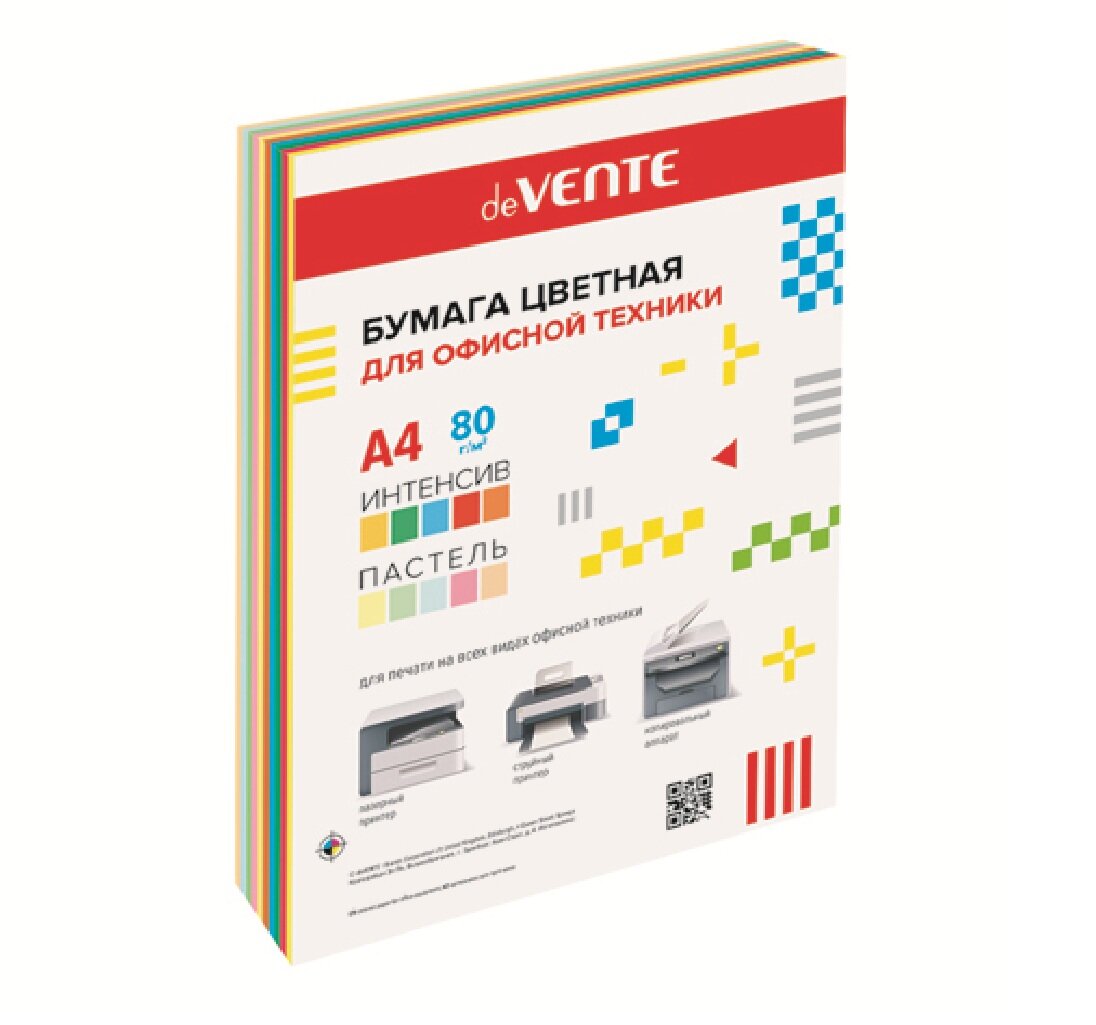 Бумага " deVente " интенсив/пастель А4 80г/м 100л ассорти, 10цв, картонная подложка