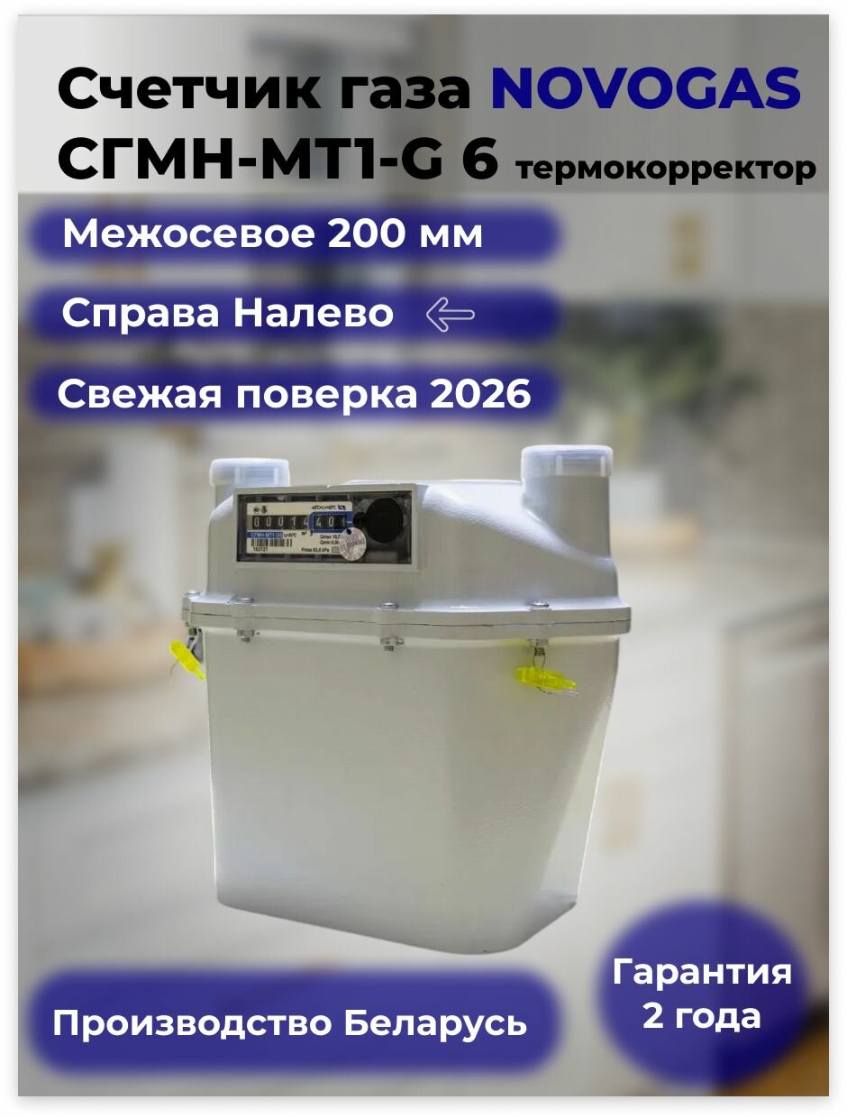 Счетчик газа NOVOGAS СГМН-МТ1-G 6 межосевое 200 мм, правый, термокорр. 1 1/4" справа налево