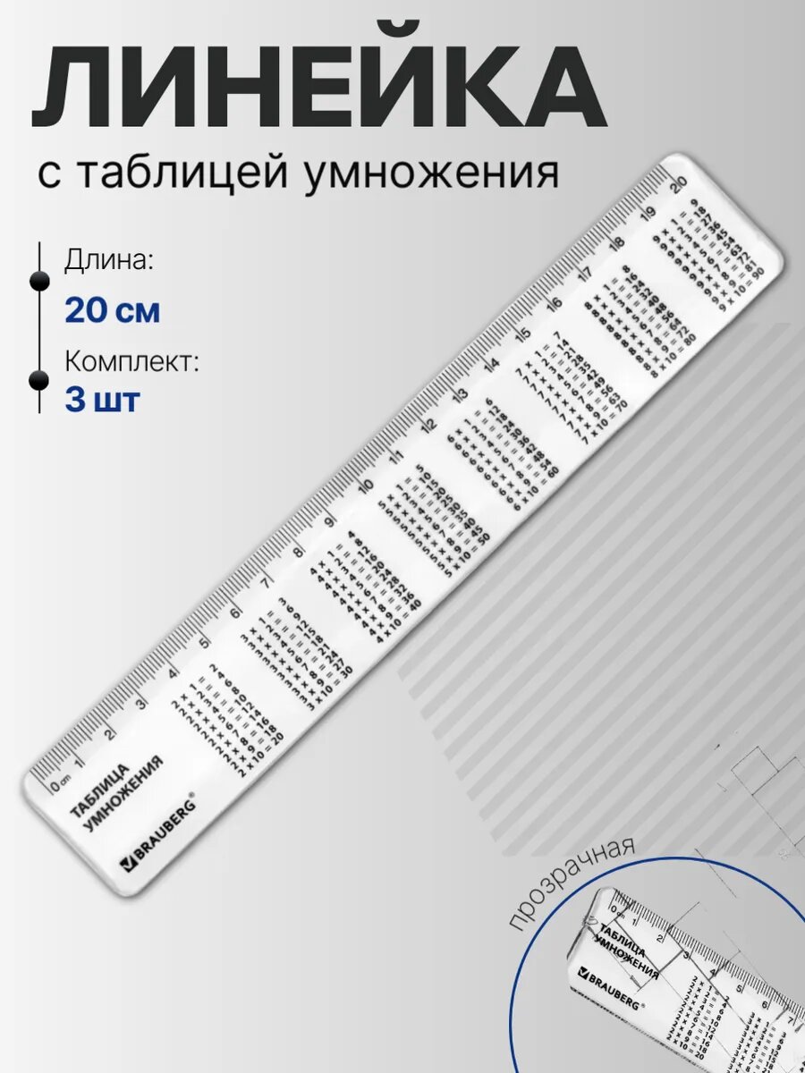 Линейка 20 см школьная с таблицей умножения набор 3 шт