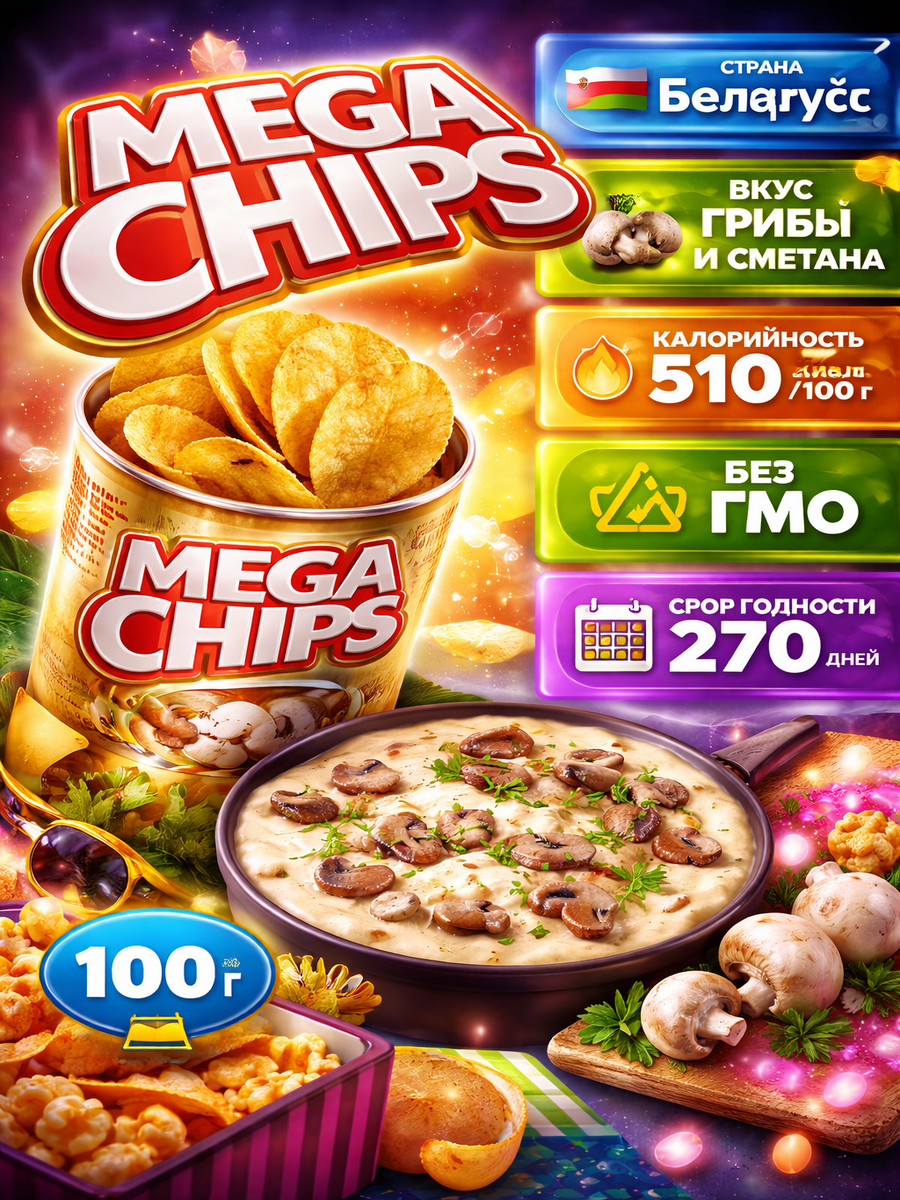 Чипсы-пластины Mega Chips картофельные с грибами и сметаной, 100г