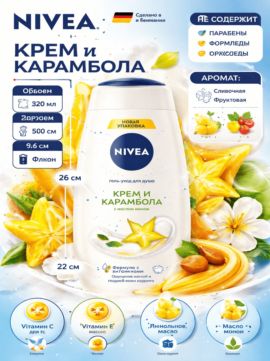 Гель-уход для душа Nivea Крем и карамболь с маслом монои, 500мл