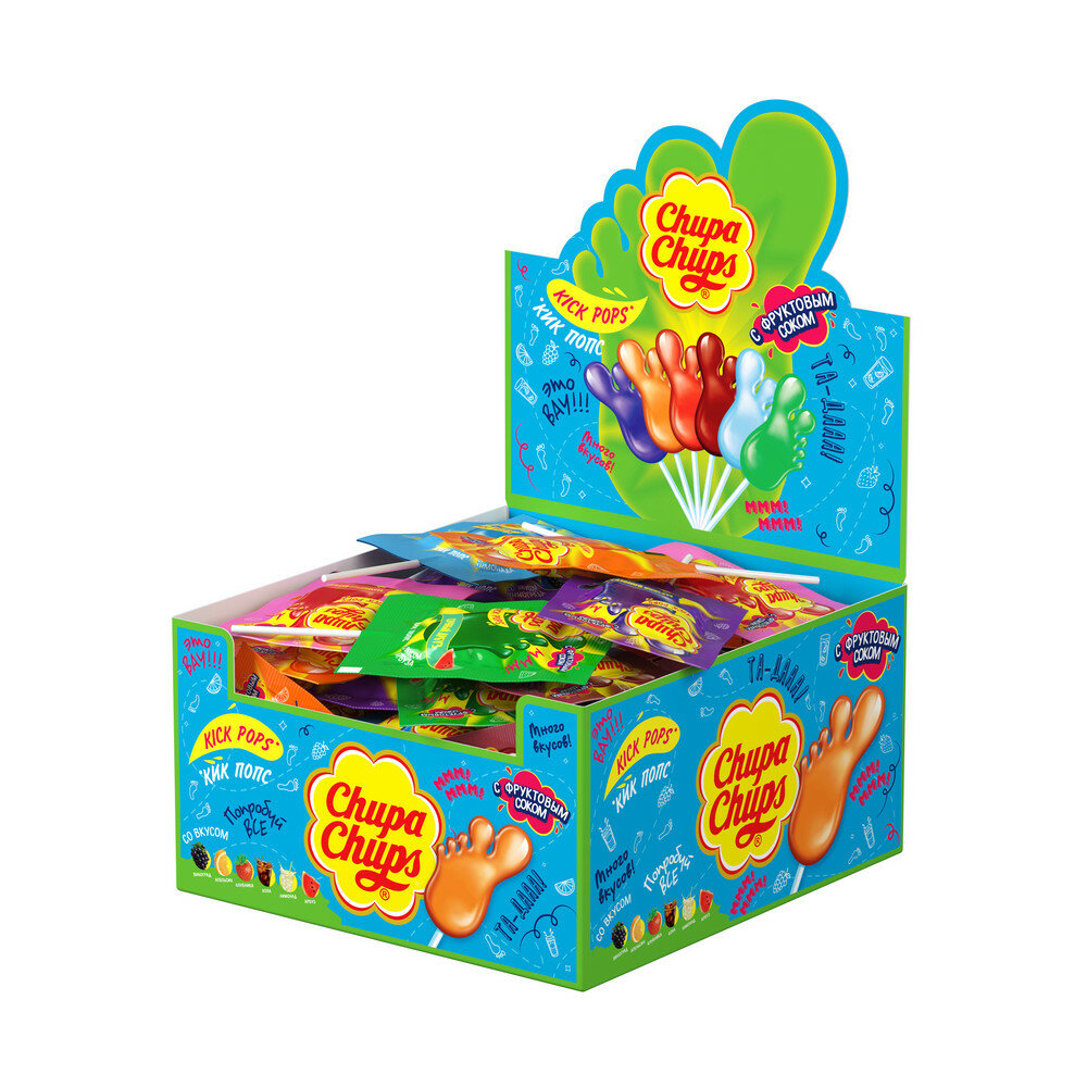 Карамель Chupa Chups Kick Pops со вкусами винограда, арбуза, колы, клубники, апельсина и лимонада, 60 шт по 9 г