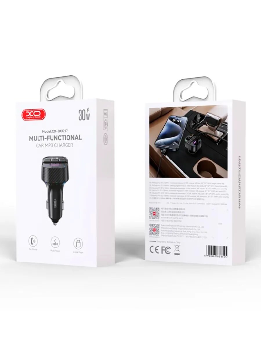 FM модулятор (трансмиттер) XO-BCC17 bluetooth, 3.1А USB, type-c, цвет черный — фото 1