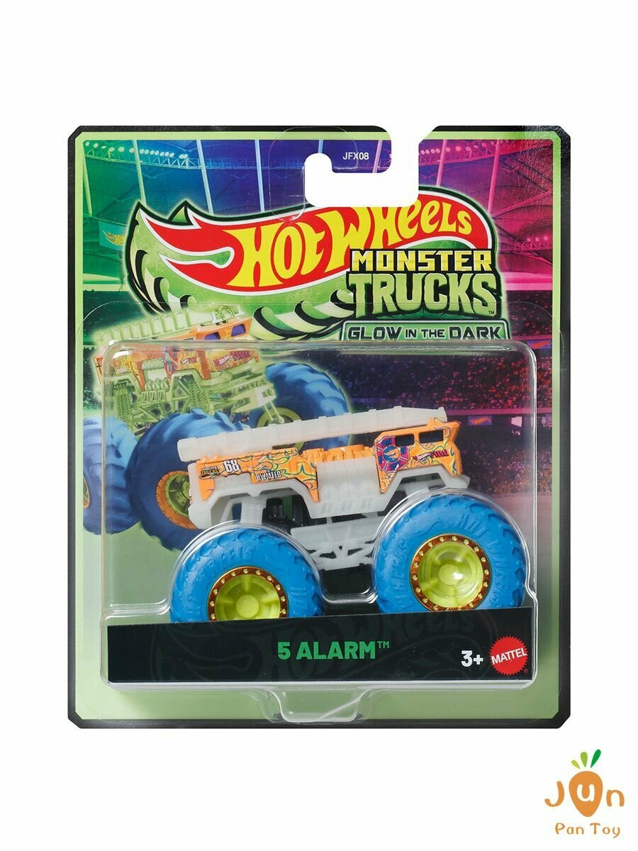 Mattel Monster Trucks Glow in the Dark 5 Alarm / Игрушечный автомобиль в соотношении 1:64, оранжевый и белый цвета в тон огненному граффити, подходит в качестве коллекционного подарка