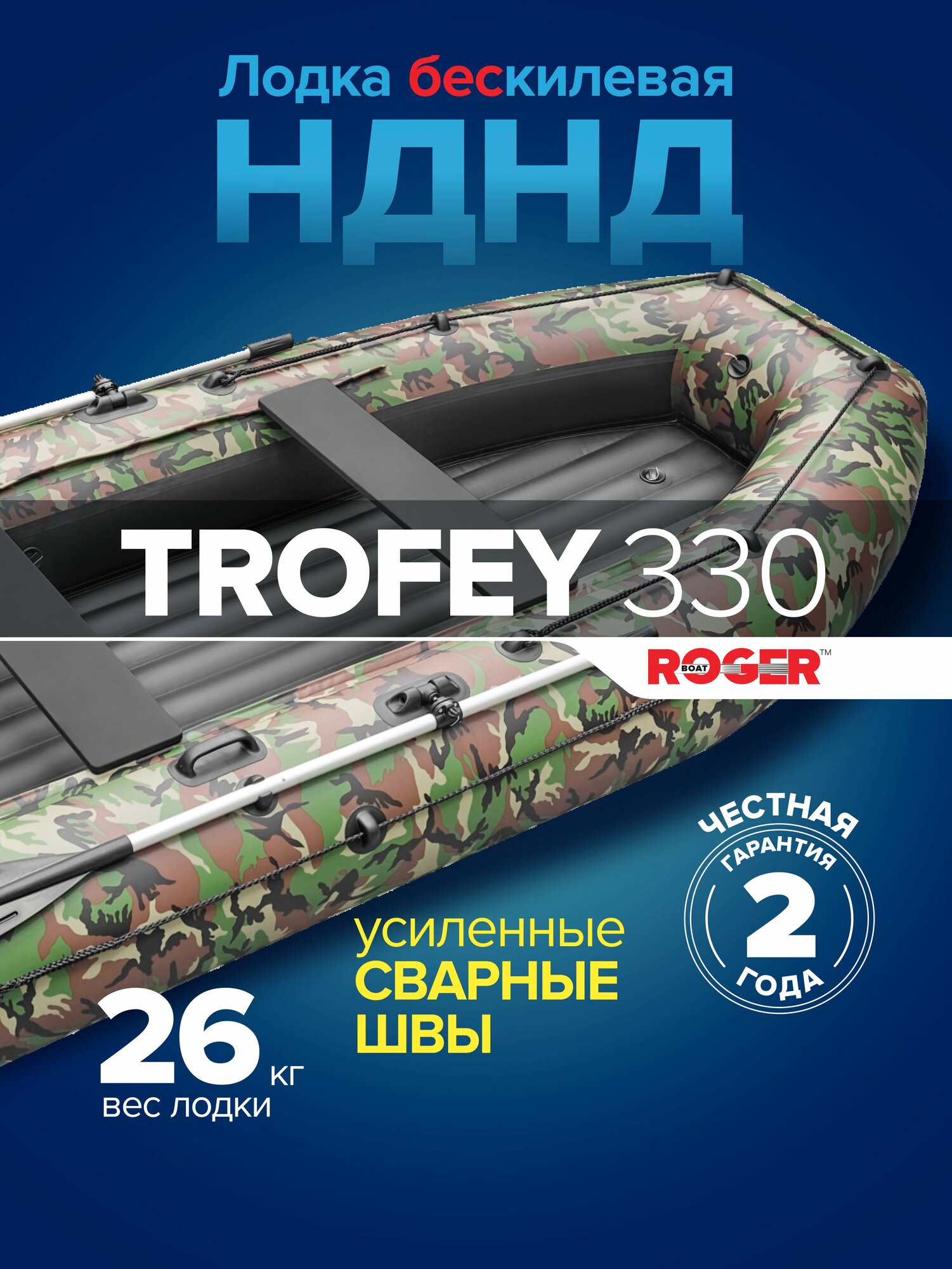 Лодка ПВХ под мотор НДНД ROGER Trofey 330, лодка надувная для рыбалки роджер (зеленый камуфляж черный)