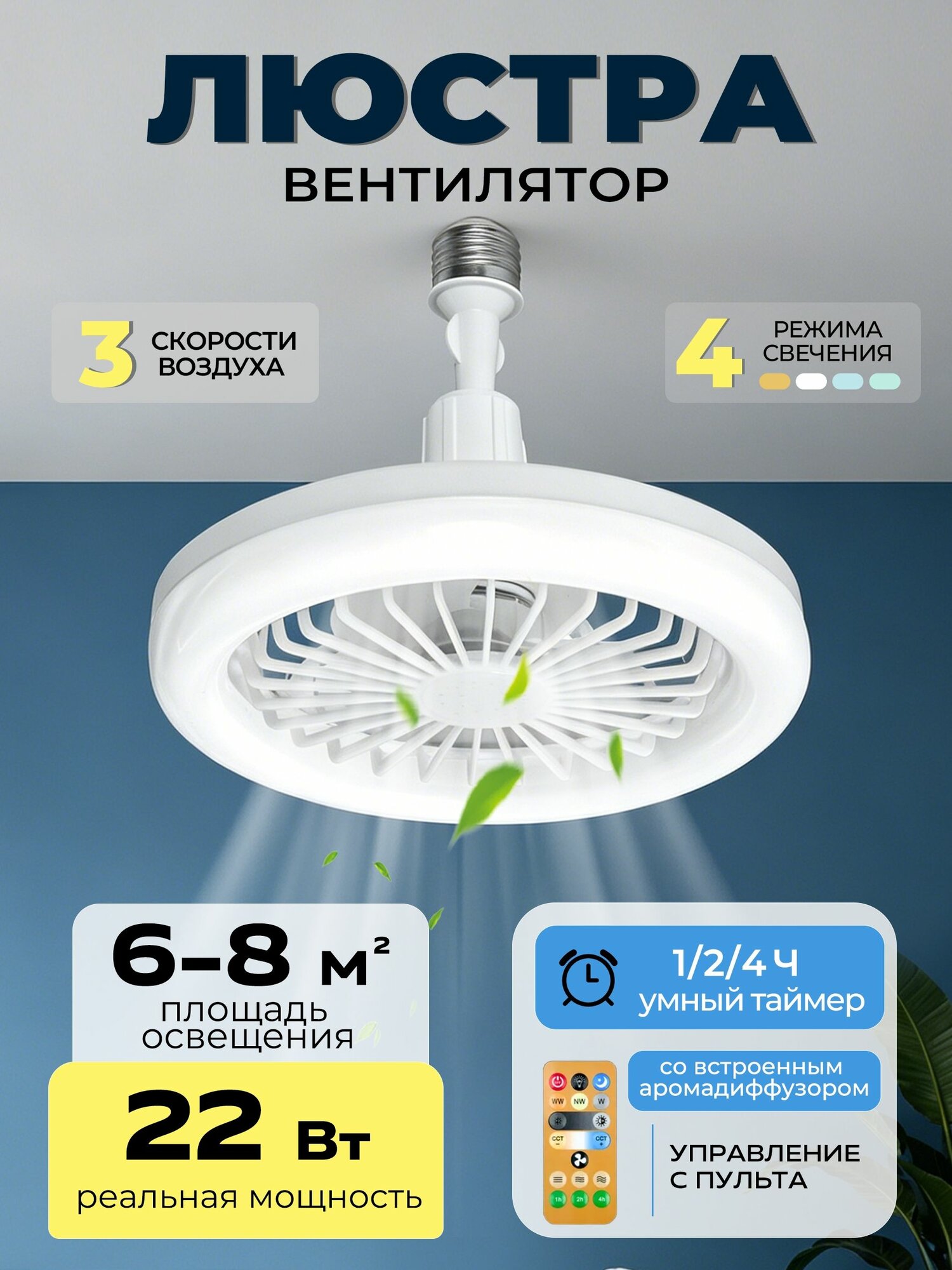 Люстра-вентилятор потолочная на кухню 3в1, Светодиодный светильник с вентилятором и пультом, E27, 22Вт