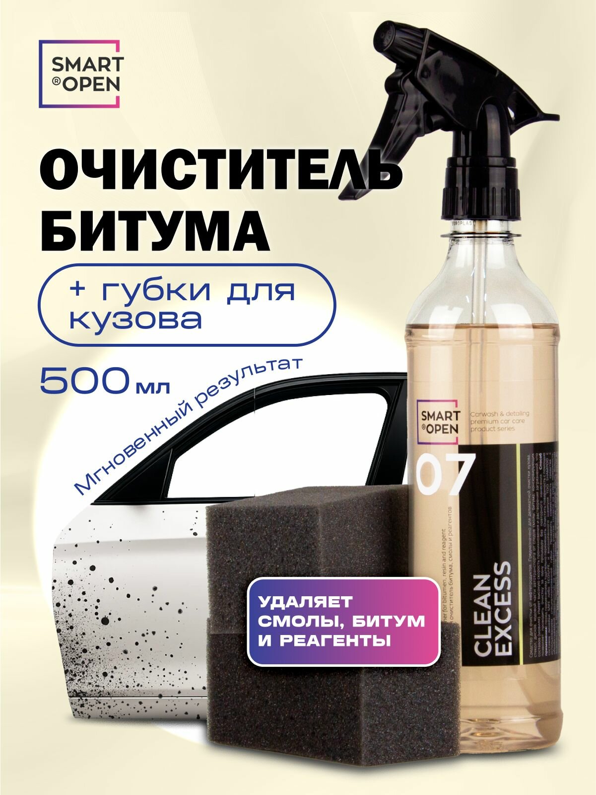 Очиститель кузова от битумных пятен и смолы, набор Smart Open CLEAN EXCESS 0,5л, губки, перчатки