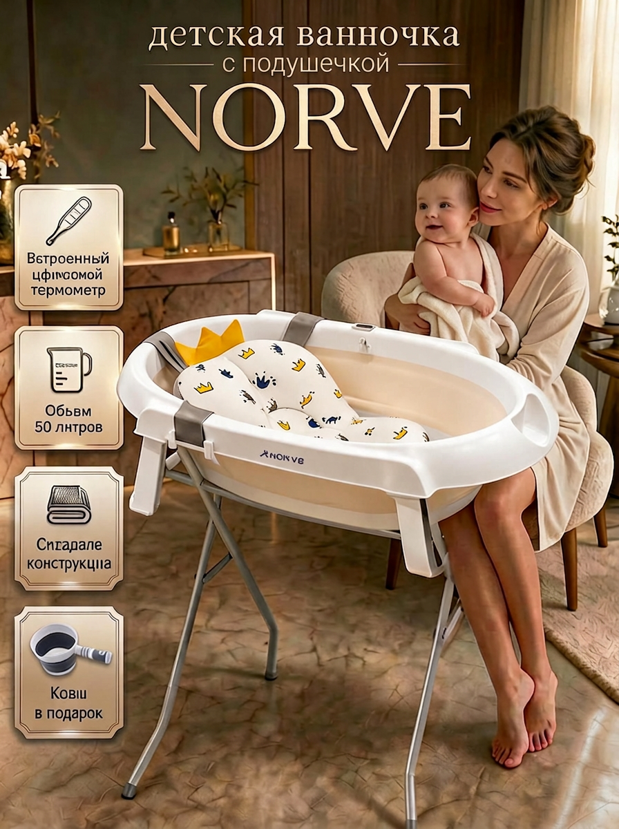Ванночка детская "Norve" складная с термометром подставкой подушечкой для купания новорожденных и ковшиком в подарок