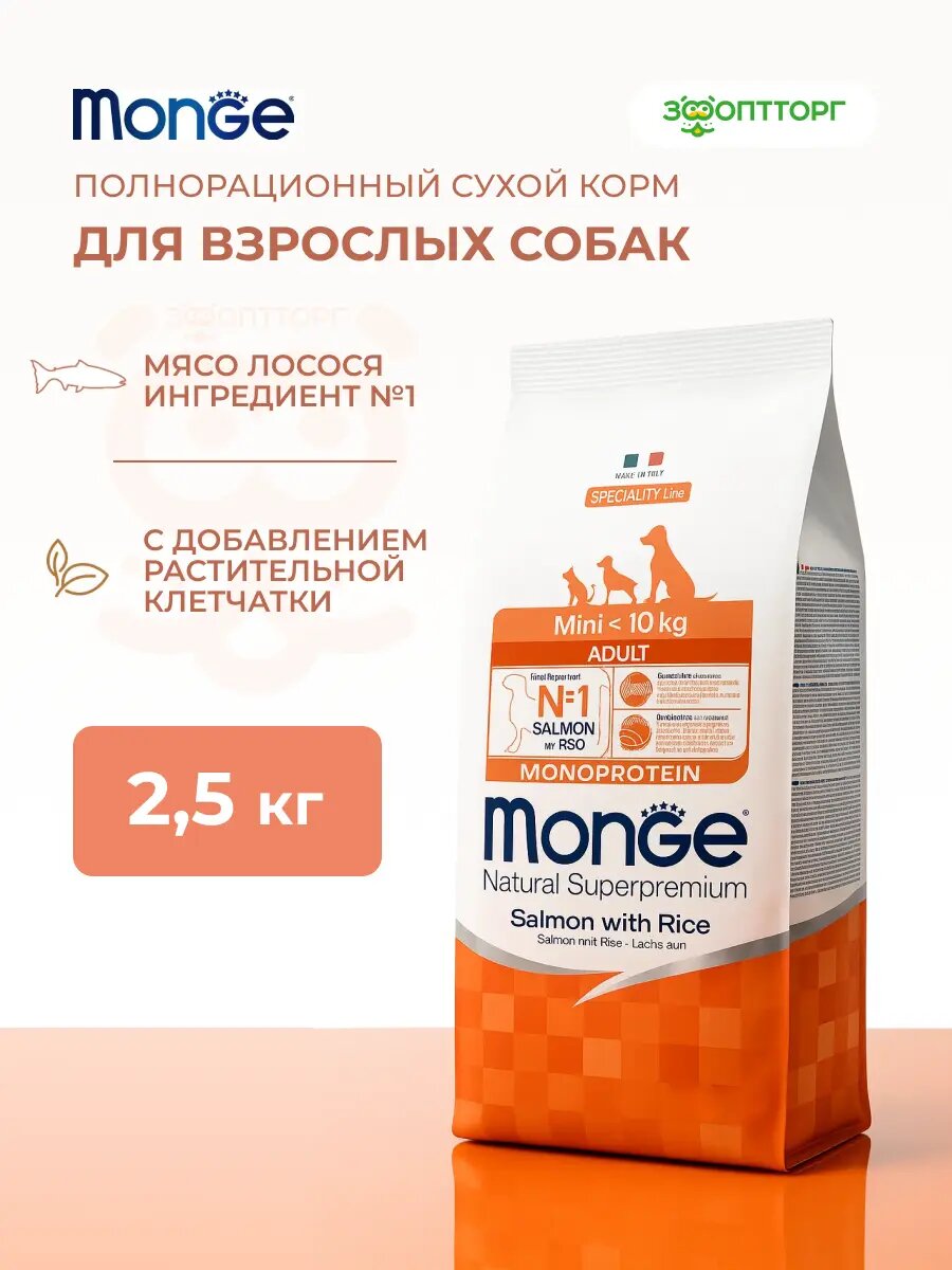 Сухой корм Monge Dog Speciality Mini для взрослых собак мелких пород Лосось и рис, 2,5 кг.