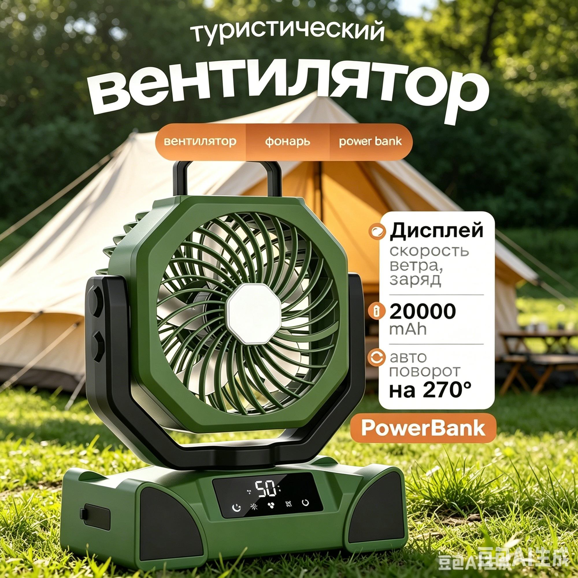 ВентиляторТуристический вентилятор для кемпинга 3-в-1, 20000 мАч, с функцией повербанка, фонарем и поворотом на 270°