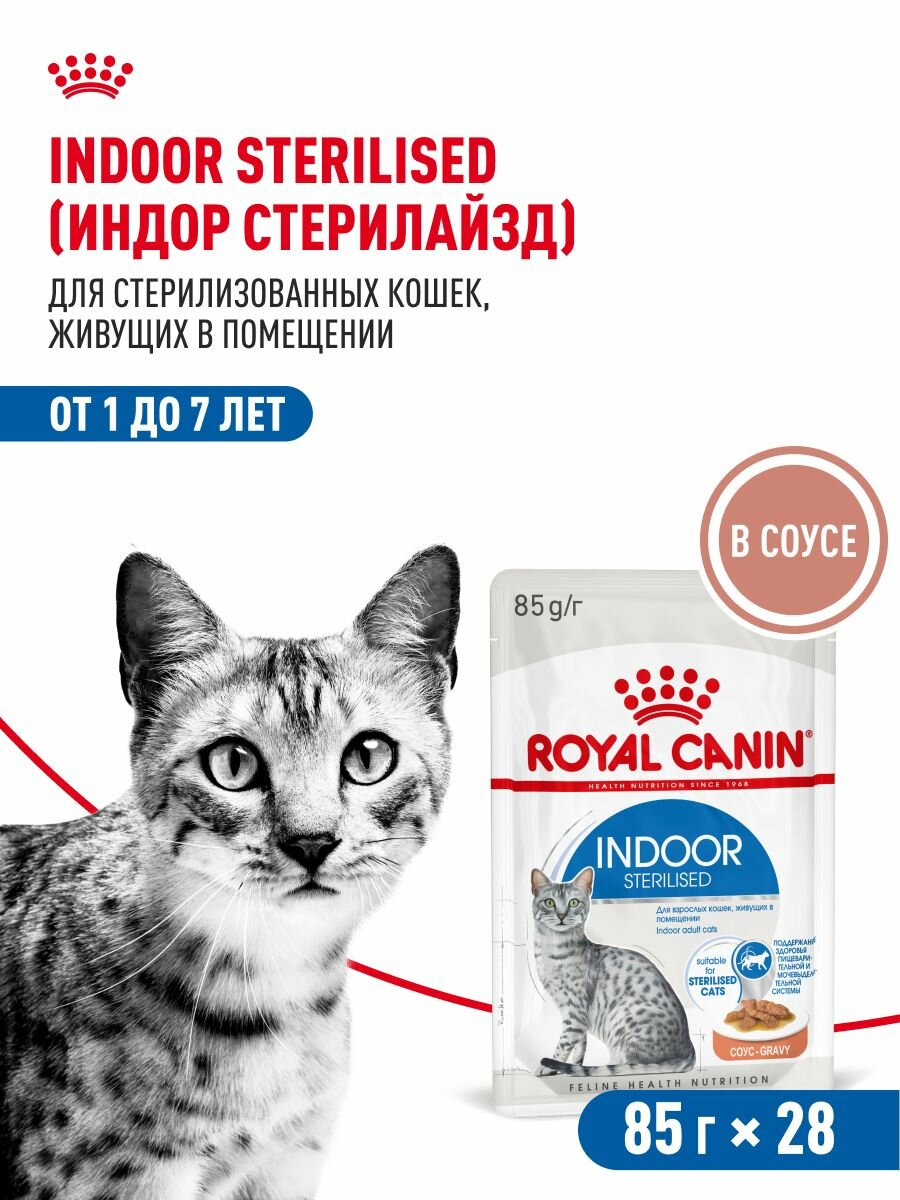 Влажный корм для стерилизованных кошек Royal Canin Indoor Sterilised для живущих в помещении, кусочки в соусе, 85 г х 28 шт